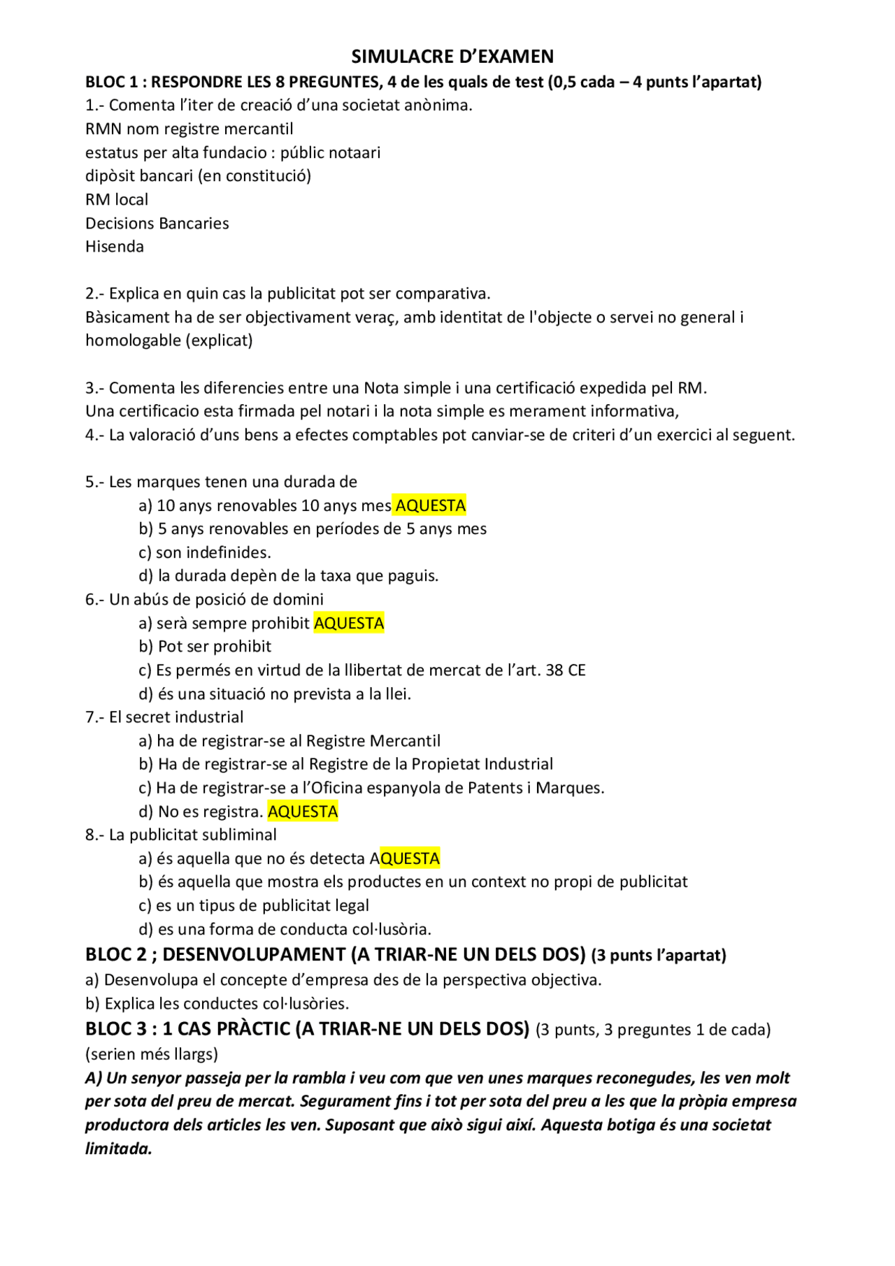 Simulacro Examen De Derecho De Sociedades Docsity