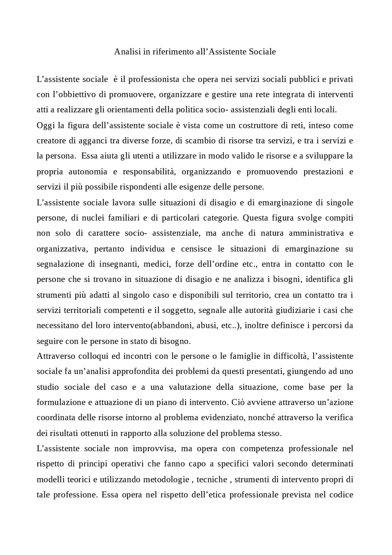 Analisi In Riferimento Allassistente Sociale Docsity