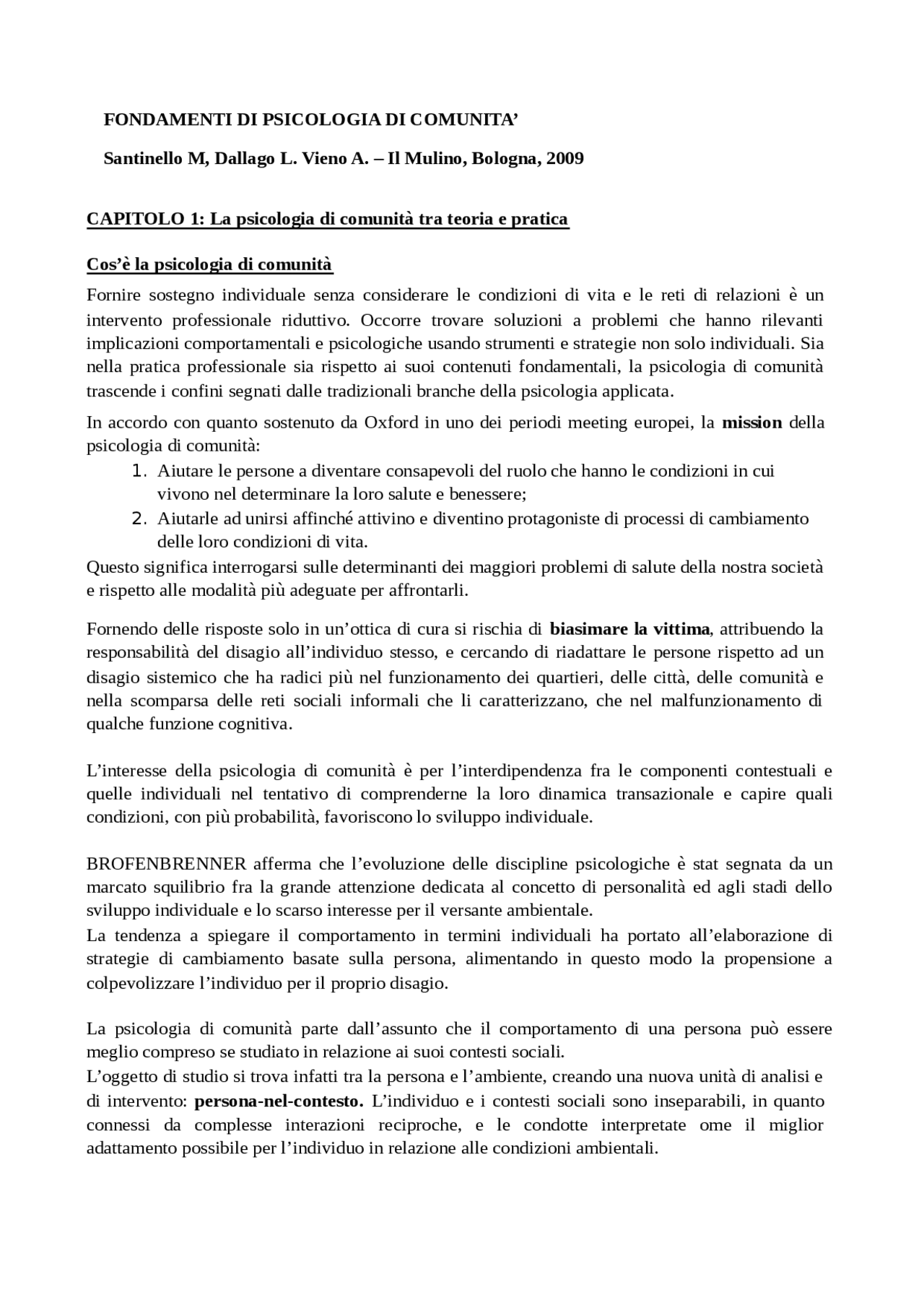 Psicologia Di Comunità Cap 1 Fondamenti Di Psicologia Di Comunità