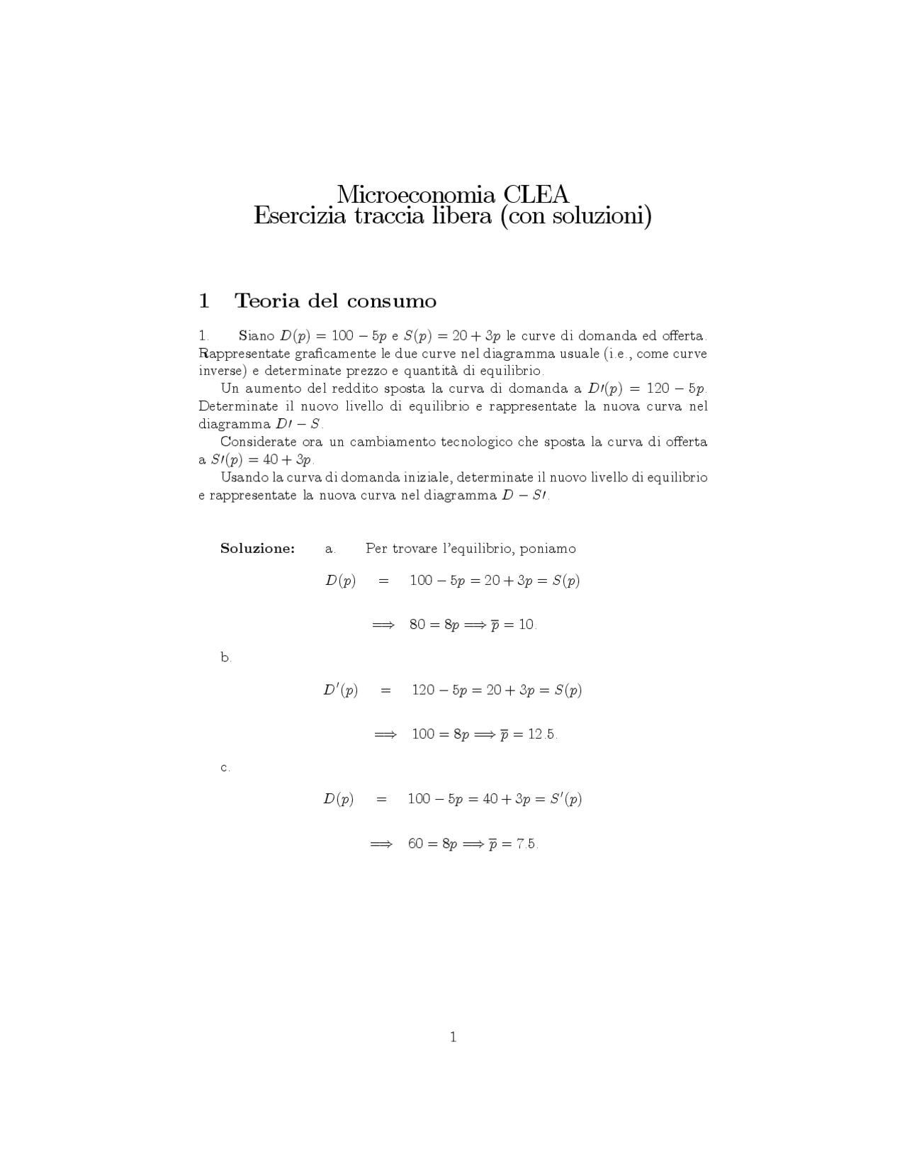 I Esercizi E Le Soluzione Di Microeconomia Docsity