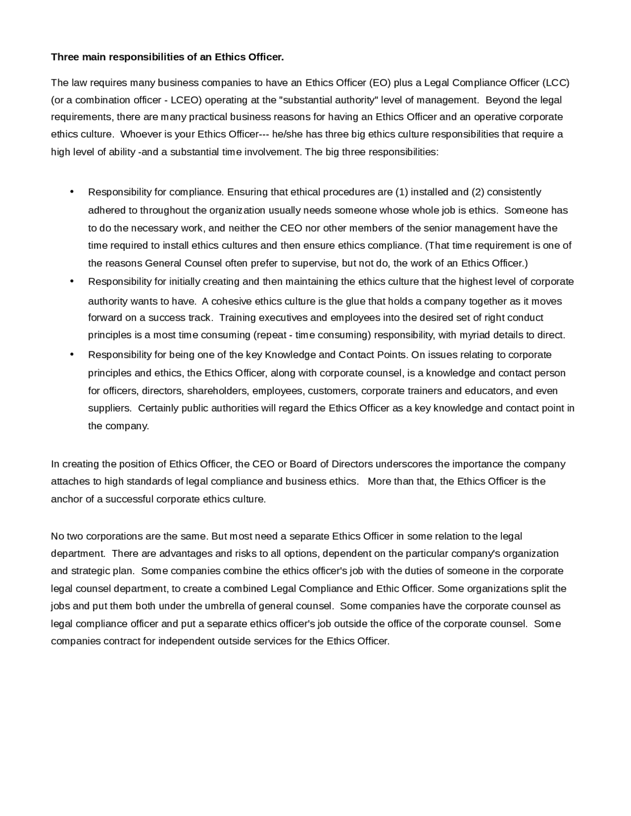Ethics officer, description, job duties, - Docsity