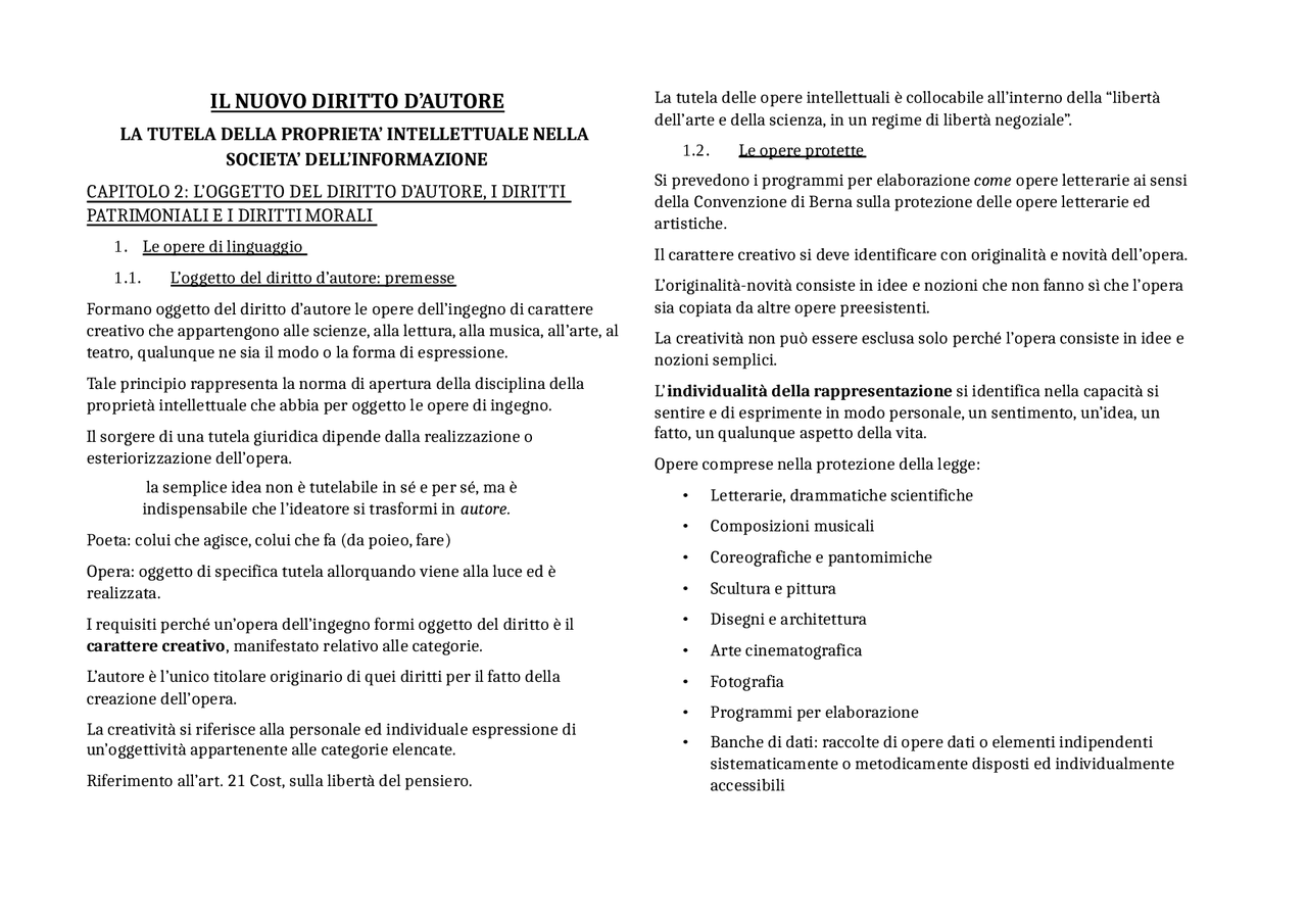 Riassunto Del Libro Il Nuovo Diritto Dautore Docsity
