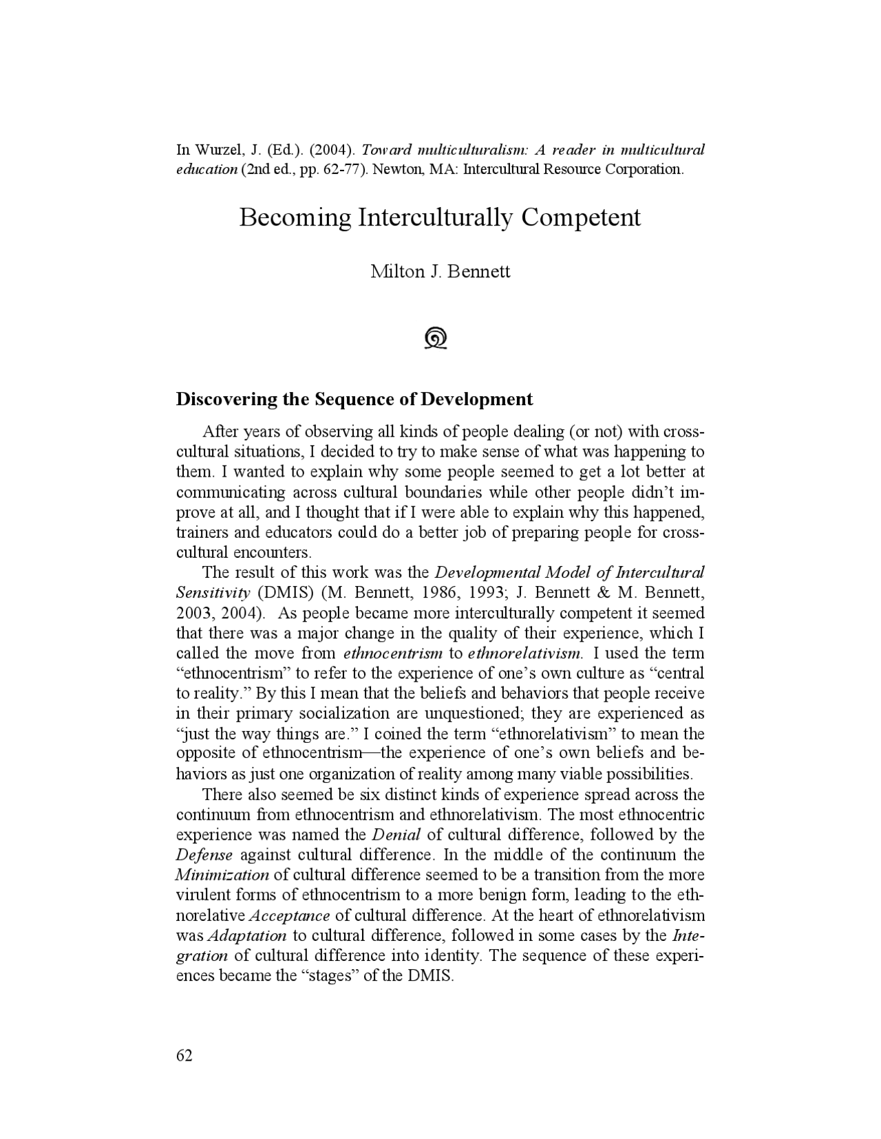 Milton j. Bennett model of intercultural sensitivity - Docsity