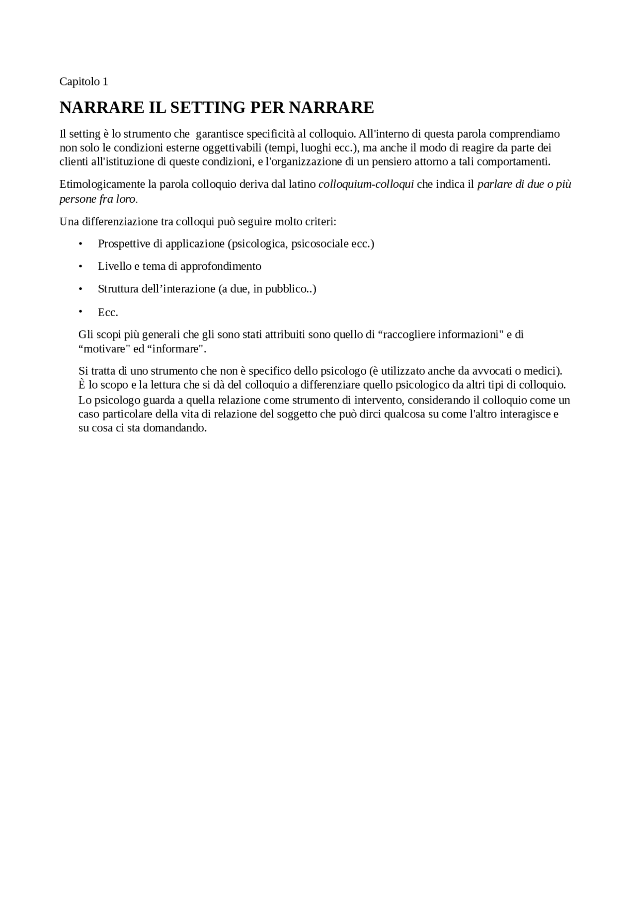 Appunti Metodi Del Colloquio Clinico Prof Grassi Narrare Il Setting