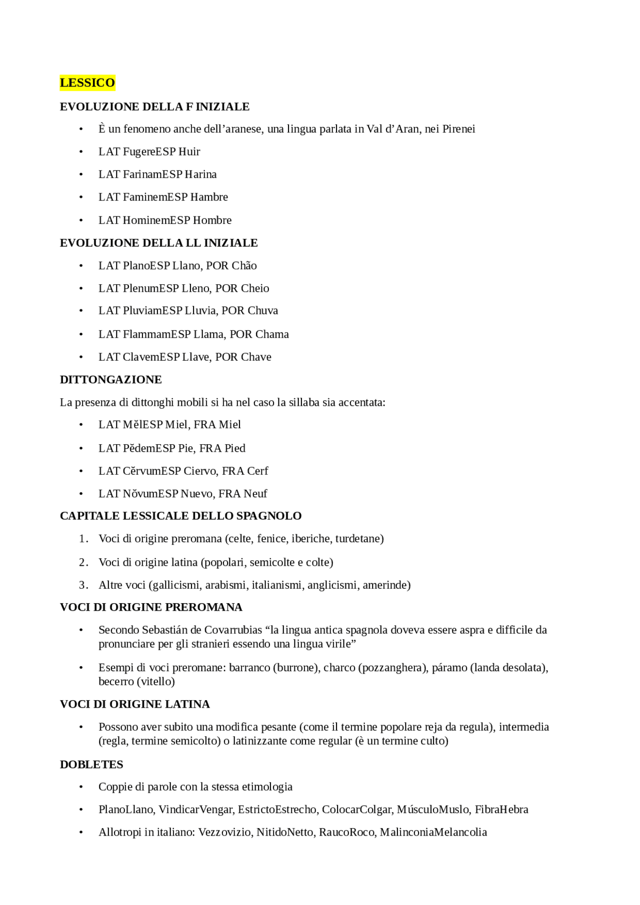Appunti Per Lingua Spagnola I Lessico Docsity