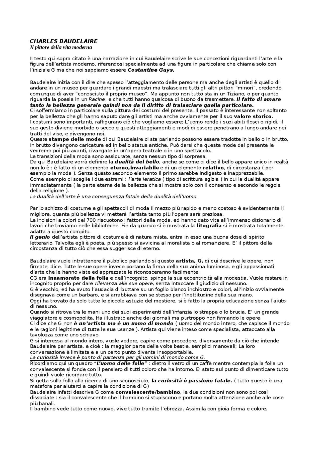 Charles Baudelaire Il Pittore Della Vita Moderna Docsity