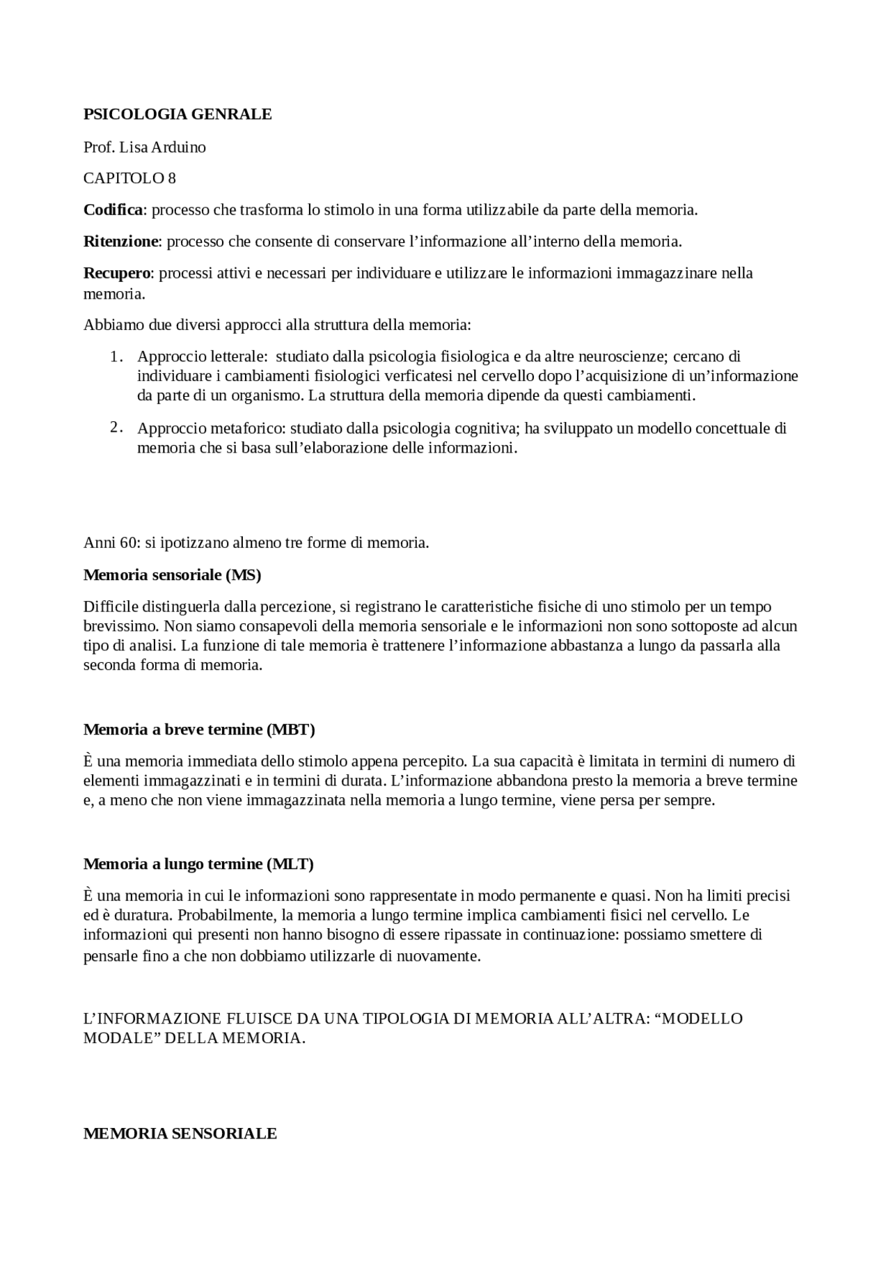 Psicologia Generale Riassunto Docsity