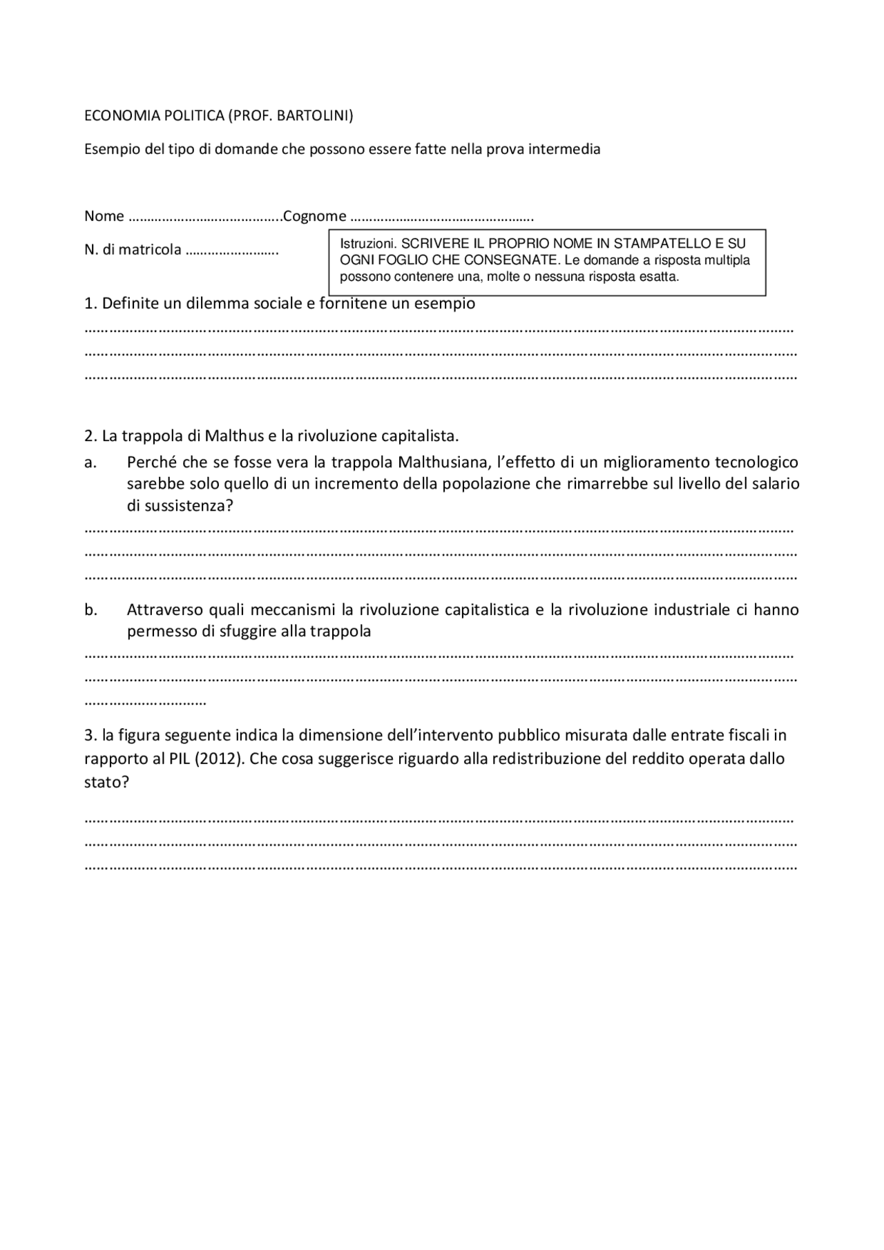 Test Economia Politica Bartolini Unisi Docsity
