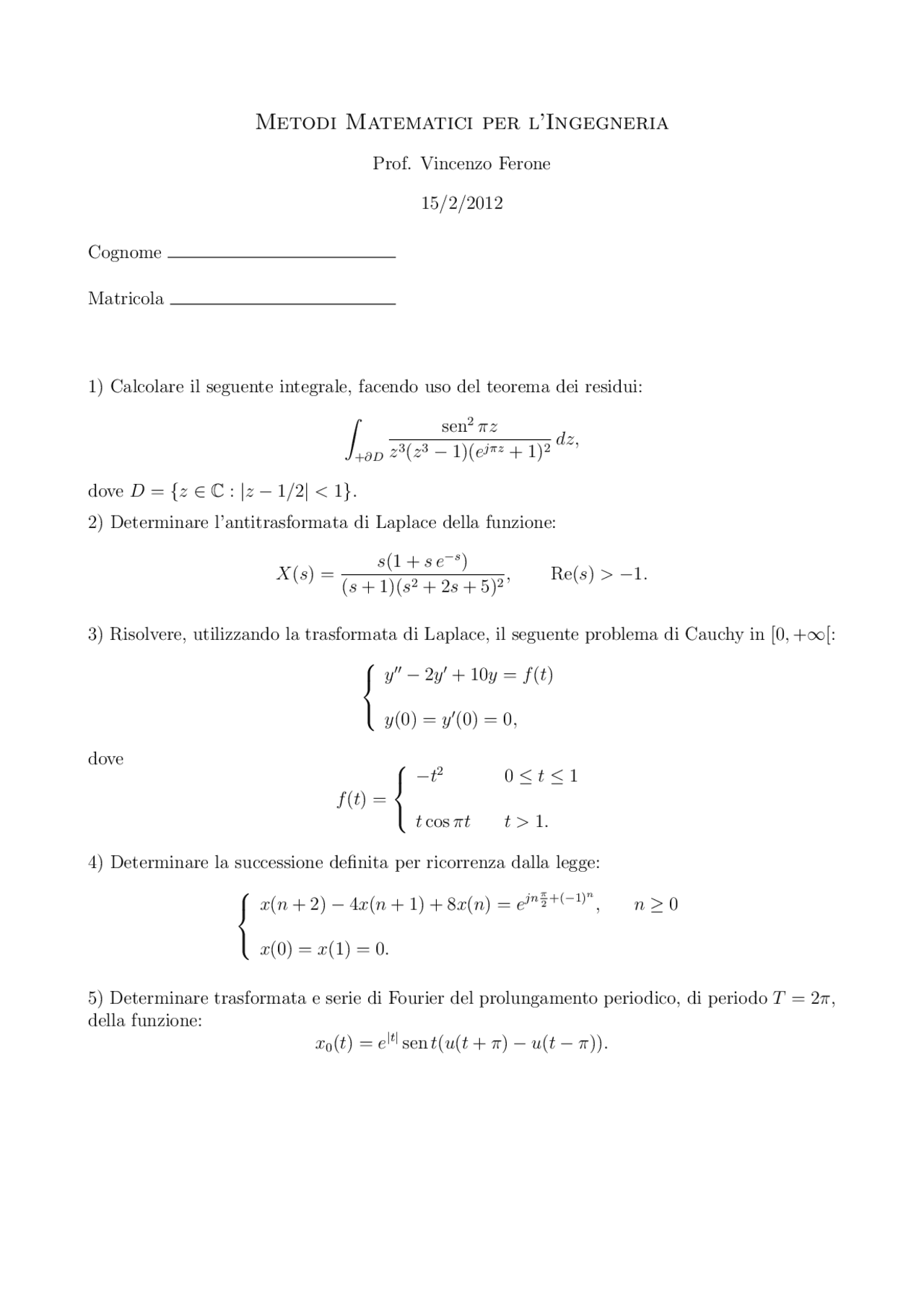 Prove Desame Di Metodi Matematici Exams Of Mathematical Methods