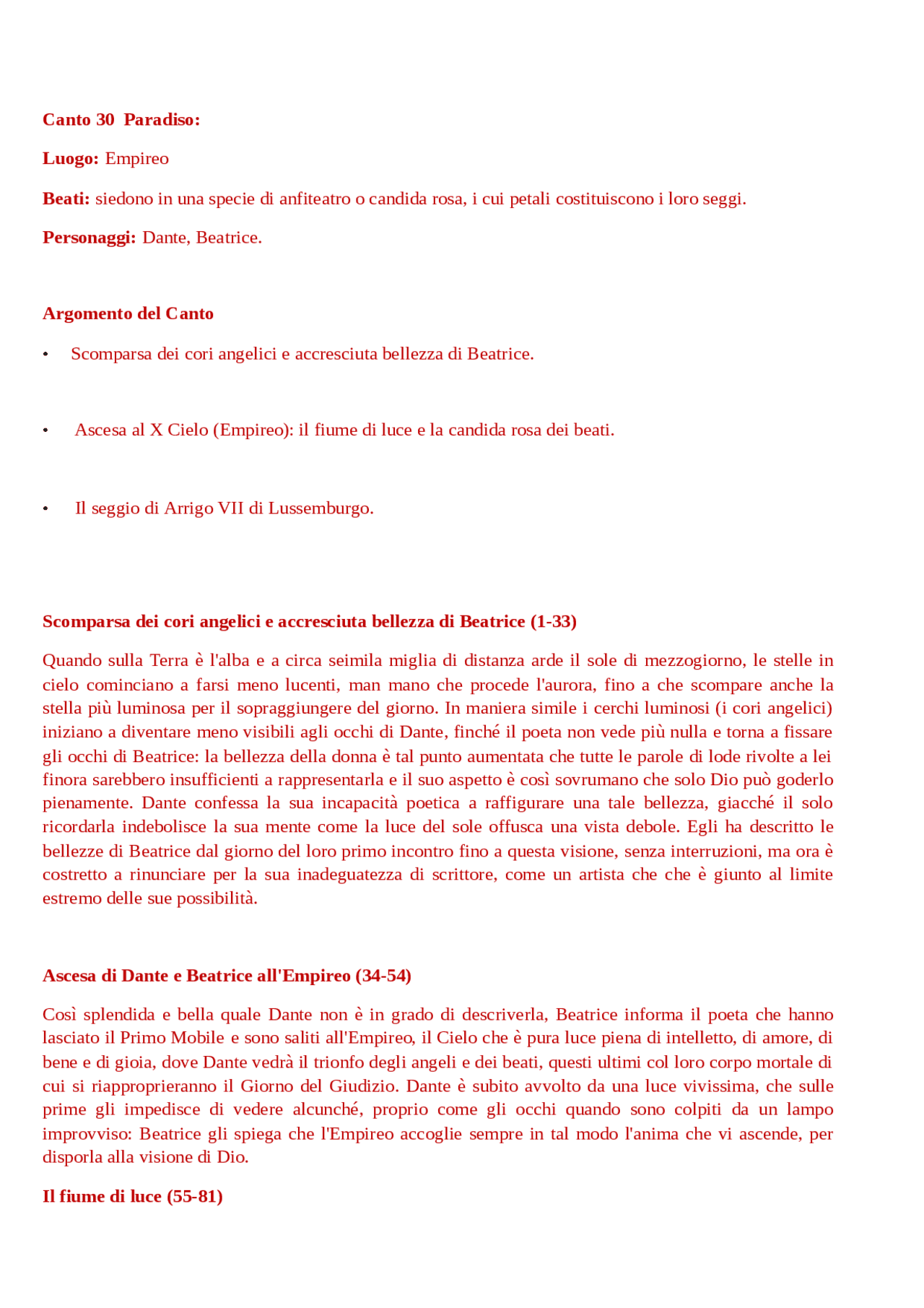 Canto 30 Paradiso Divina Commedia Docsity