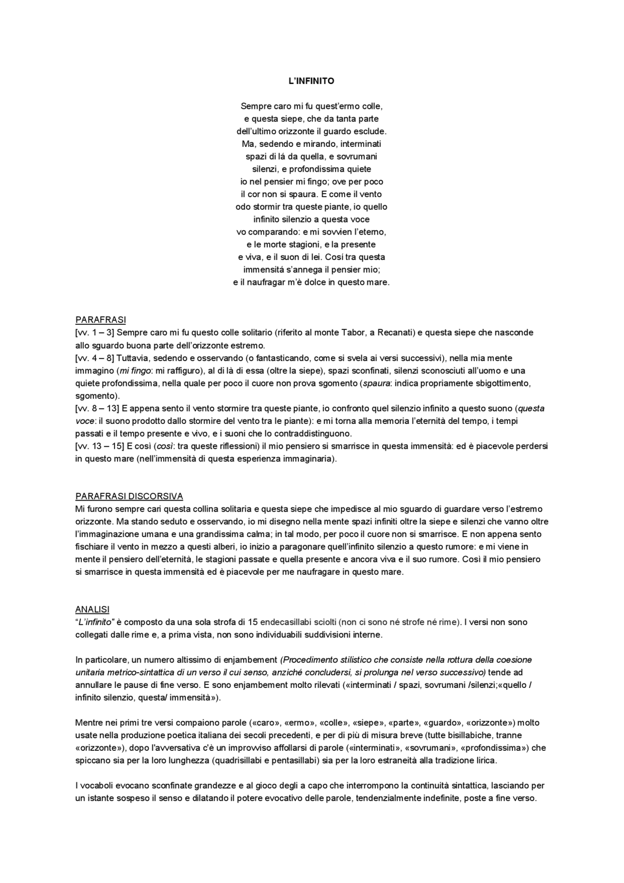 L'INFINITO (parafrasi, parafrasi discorsiva, analisi e commento ...