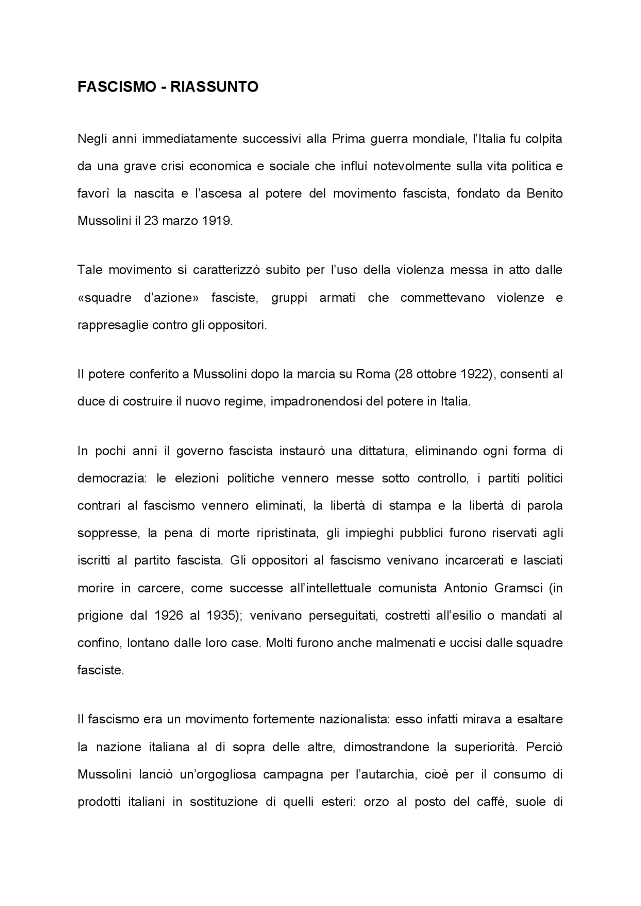 Riassunto Sul Fascismo Docsity