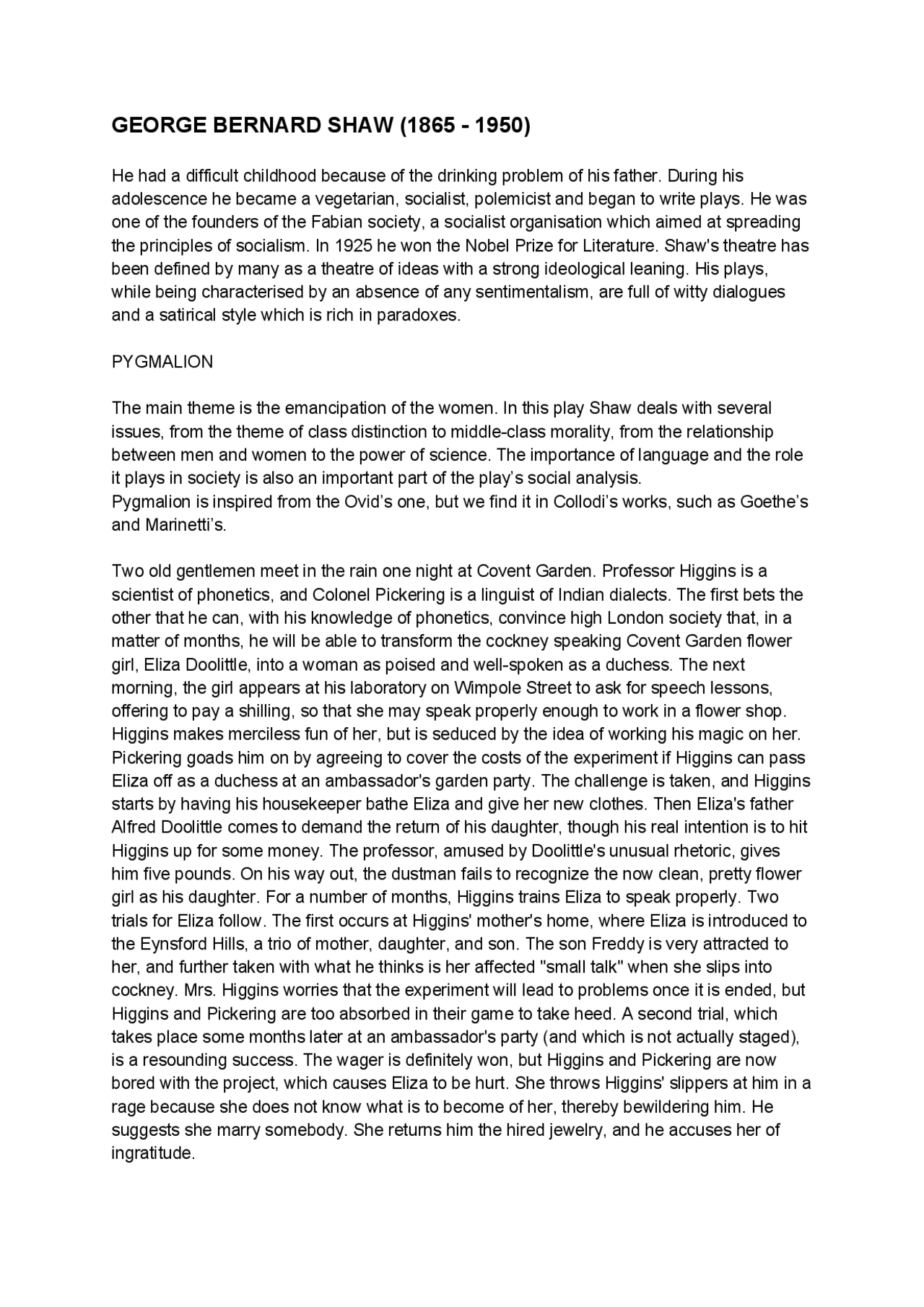 George Bernard Shaw, Pygmalion - Docsity