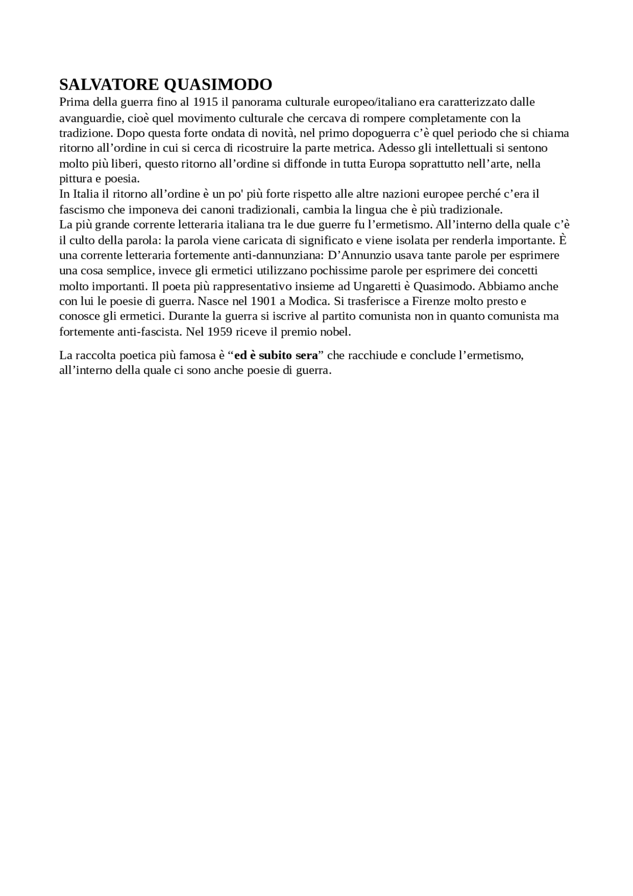 Salvatore Quasimodo Appunti Per Maturità Docsity