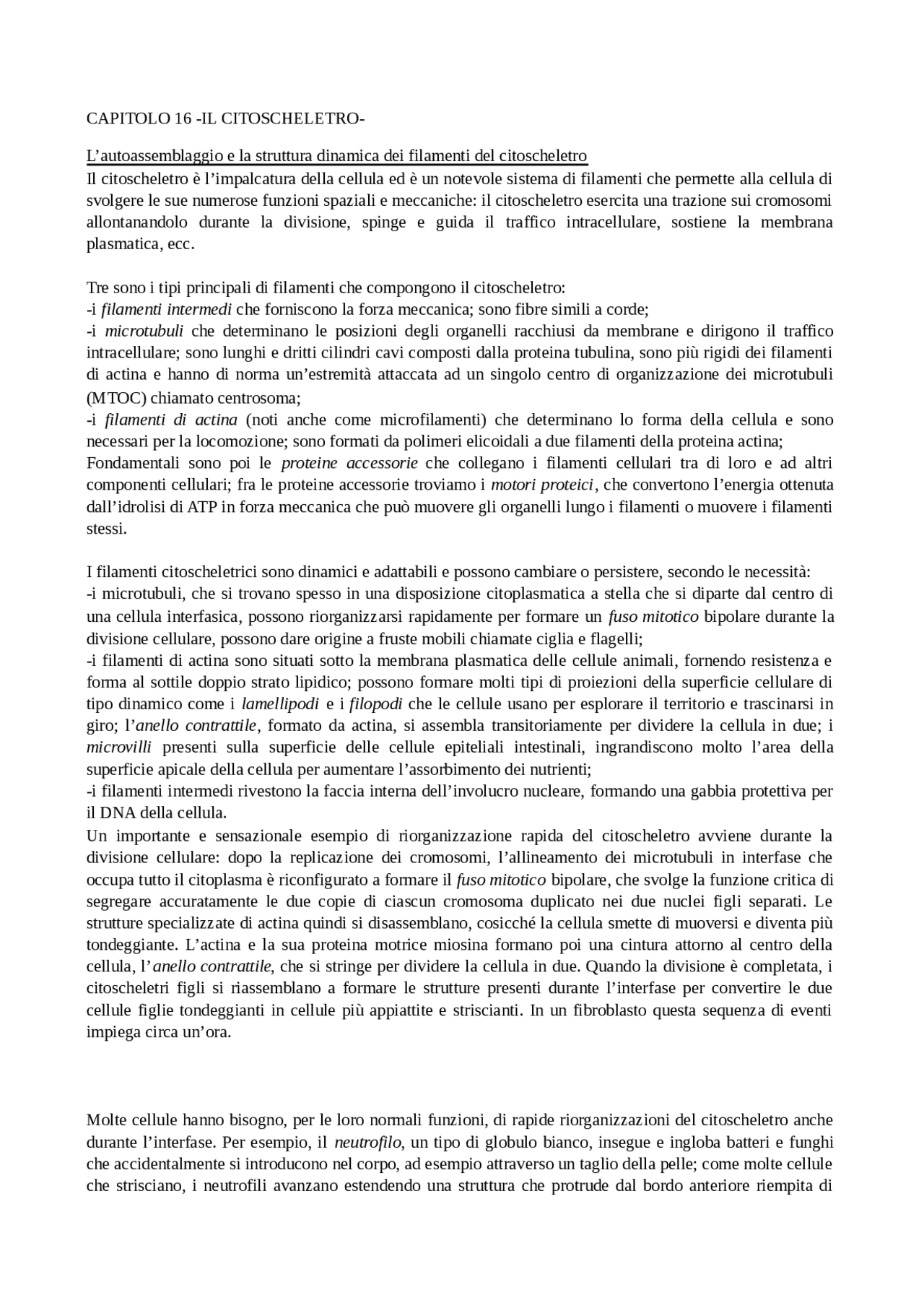 Riassunto Albert Cap16 Citoscheletro Docsity