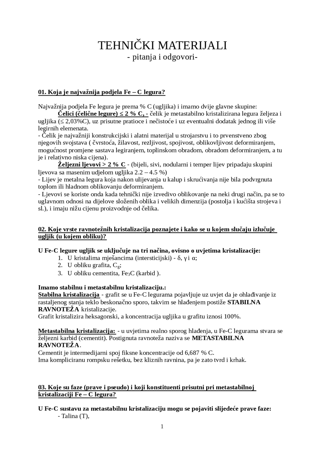 Tehnički materijali-pitanja i odgovori | Ispiti' predlog Mehanika - Docsity