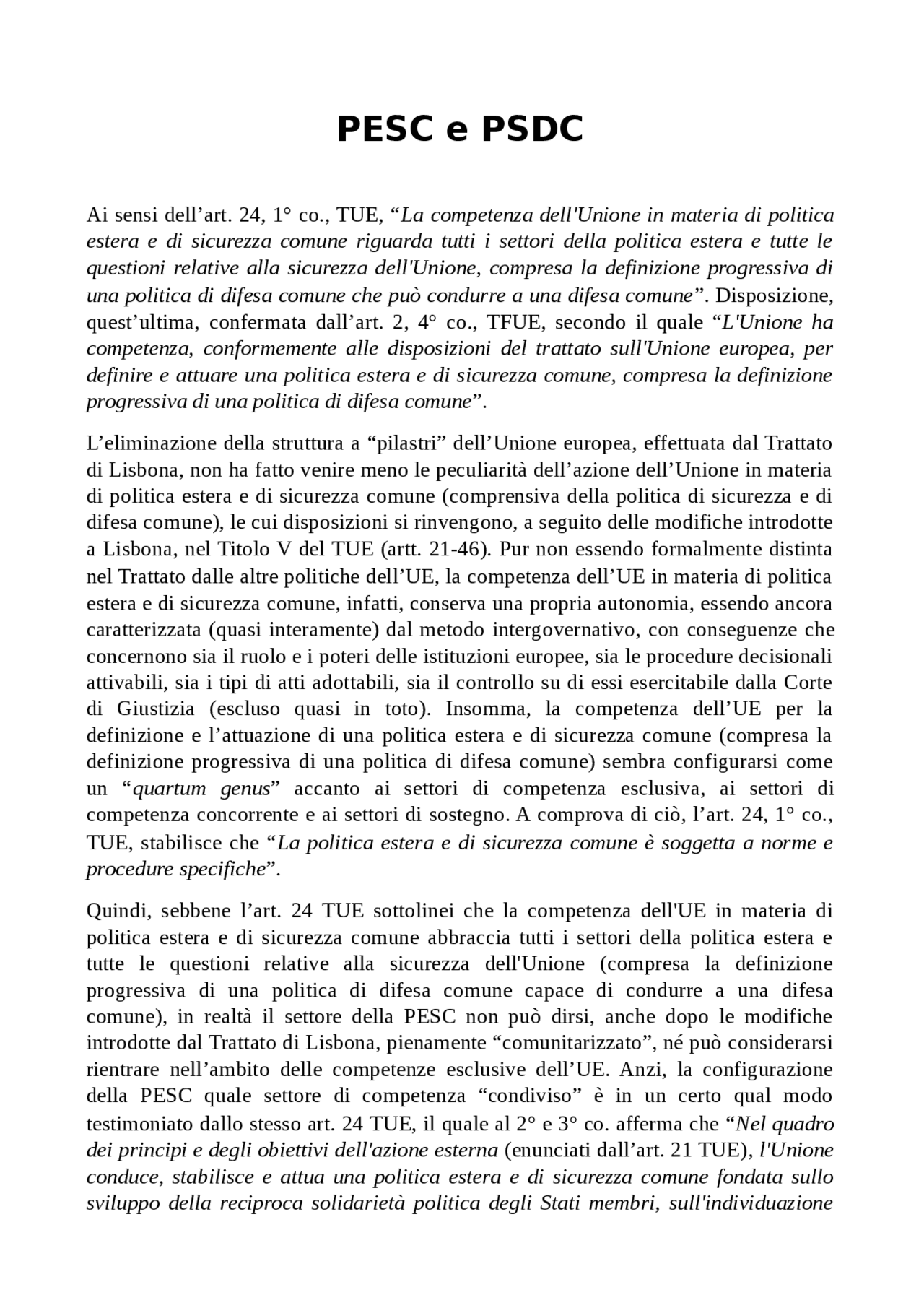 PESC e PSDC dell'Unione Europea - Docsity