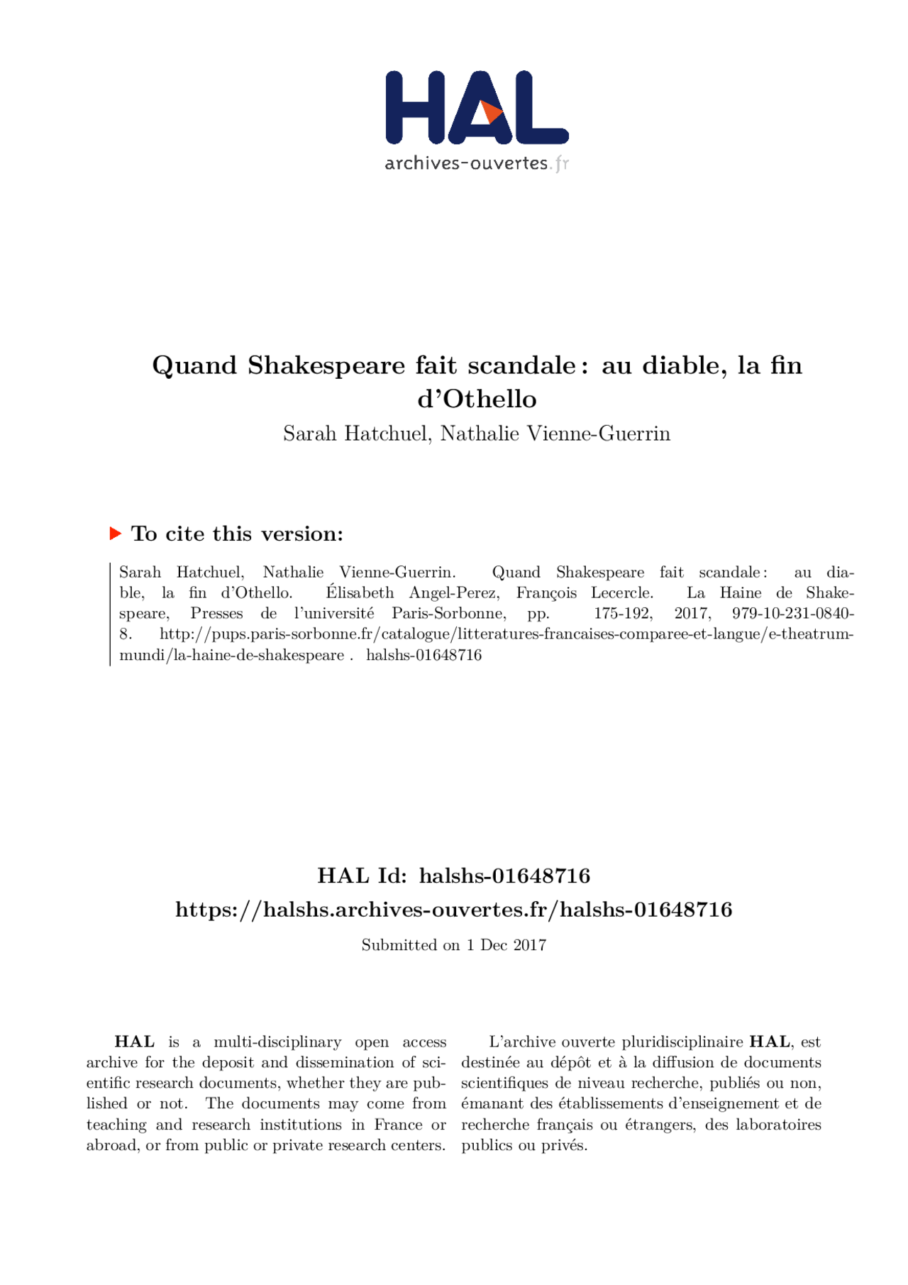Quand Shakespeare fait Scandale au Diable la fin d'Othello - Docsity