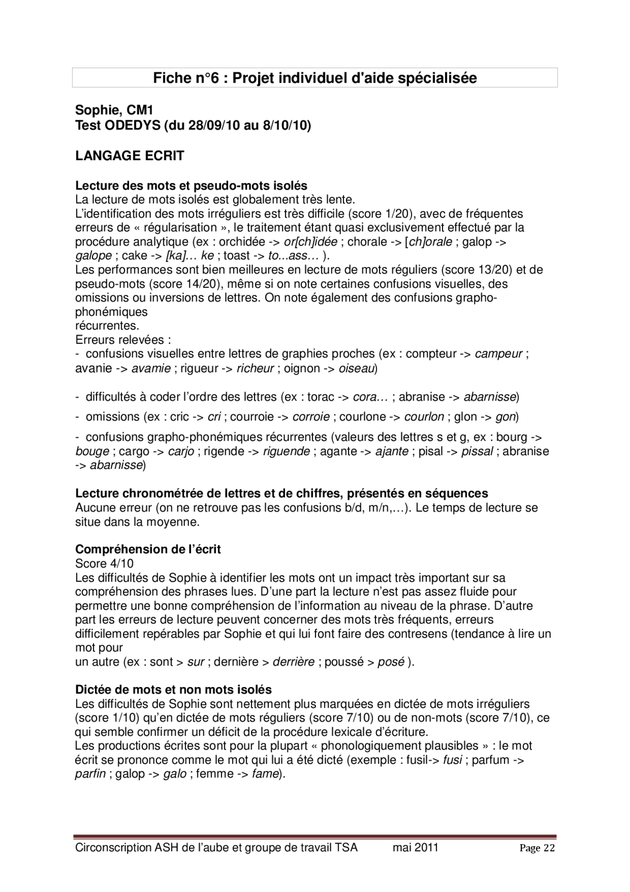 Fiche n°6: Projet individuel d'aide spécialisée - Docsity