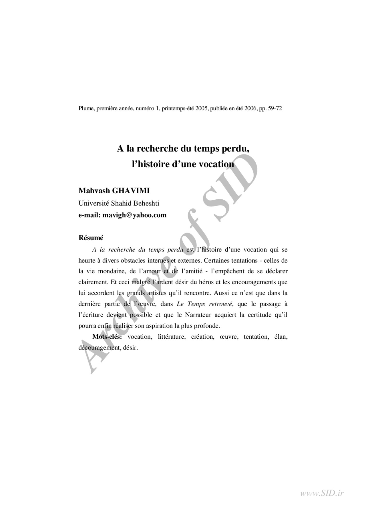 à La Recherche Du Temps Perdu Lhistoire Dune Vocation Docsity
