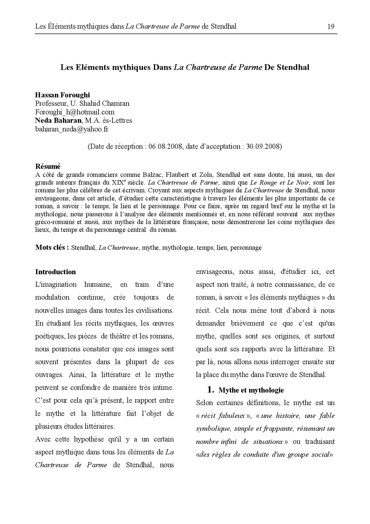 Les Eléments Mythiques Dans La Chartreuse De Parme De Stendhal Docsity