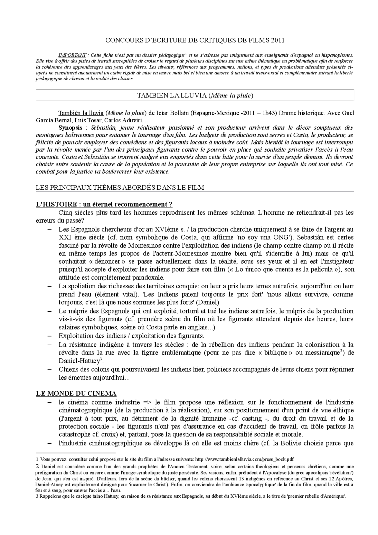 Les principaux thèmes abordés dans le film También la lluvia | Essai ...