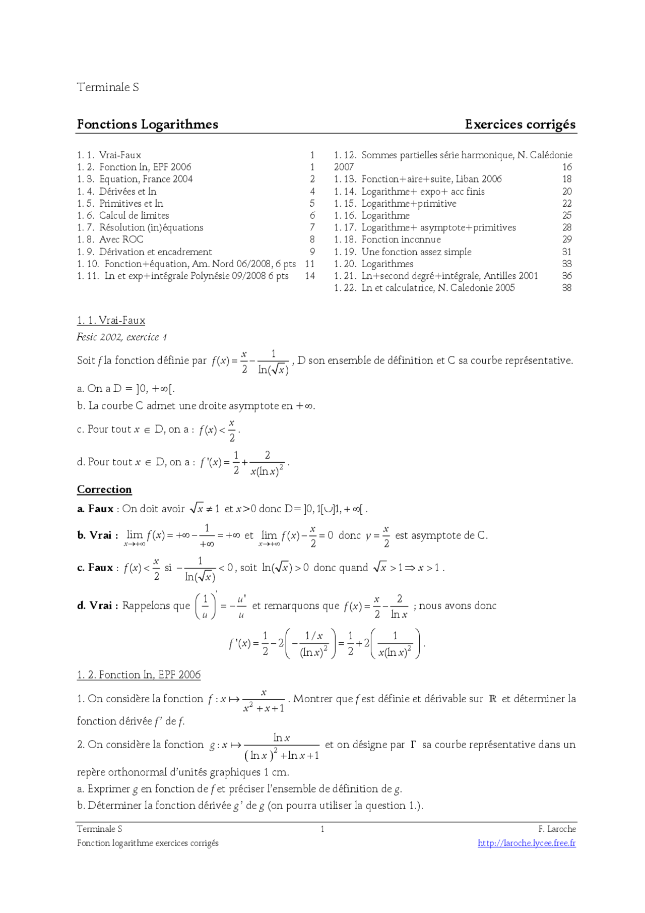 Fonctions Logarithmes Exercices Corrigés Examens Mathématiques Docsity