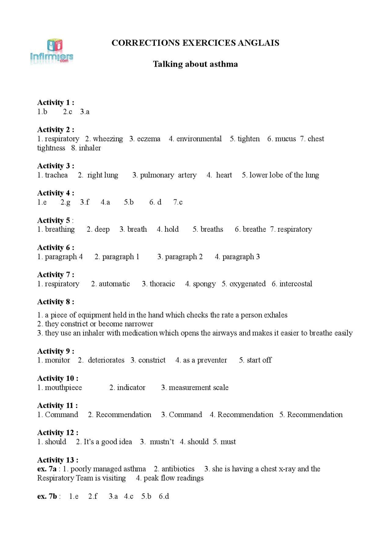 Talking about asthma: corrections exercices anglais - Docsity