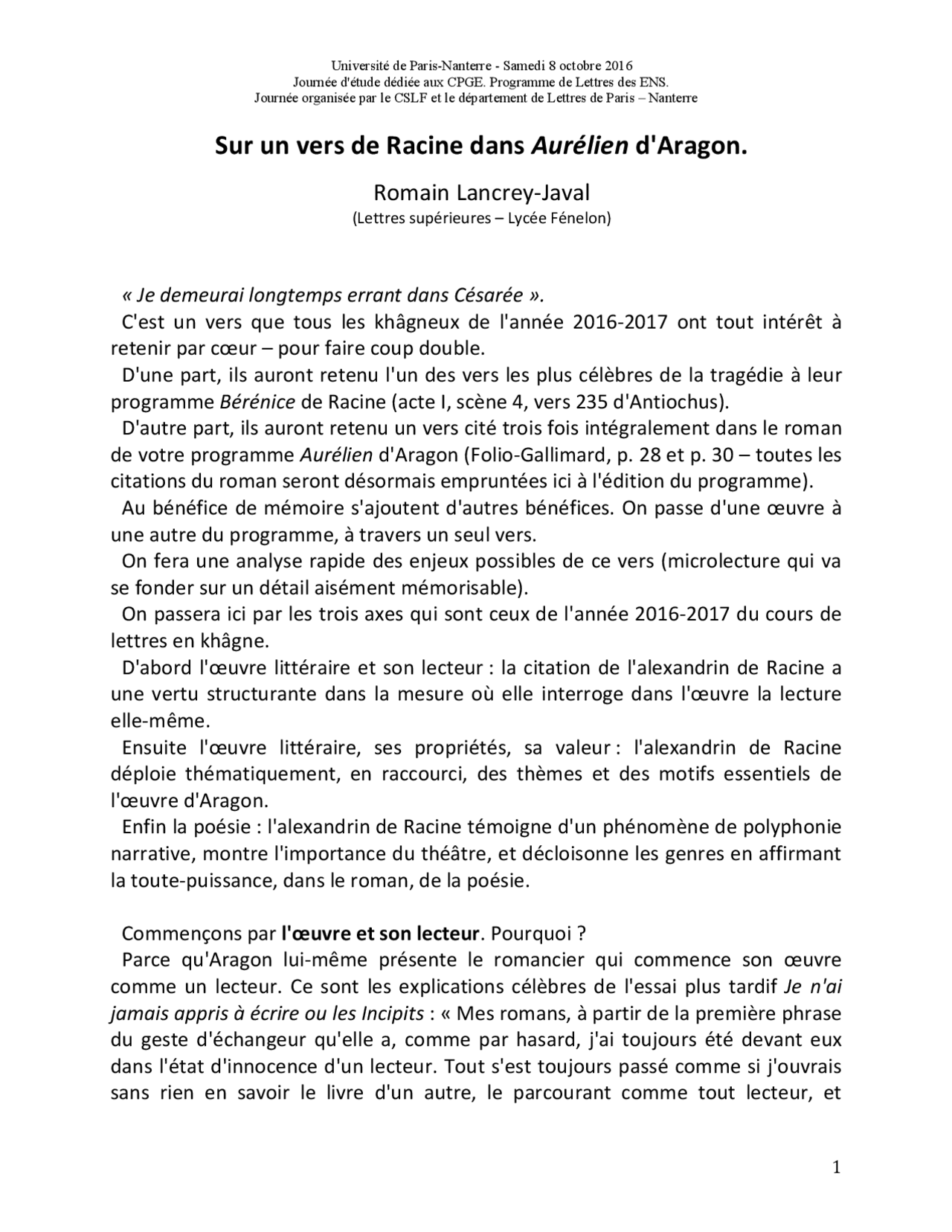 Sur un vers de Racine dans Aurélien d'Aragon | Essai Littérature | Docsity