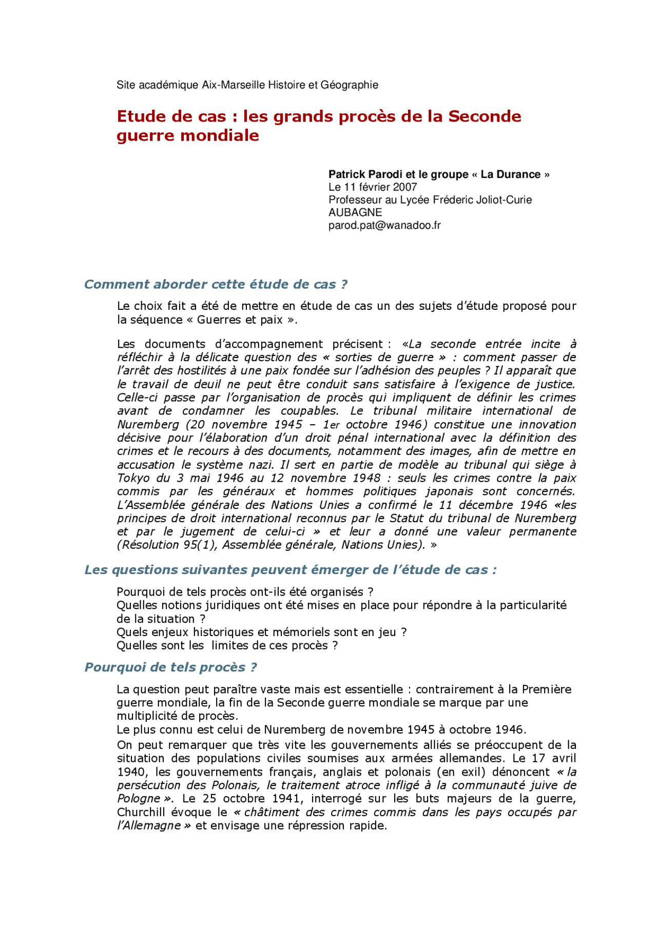 Étude de cas: les grands procès de la seconde guerre mondiale - Docsity