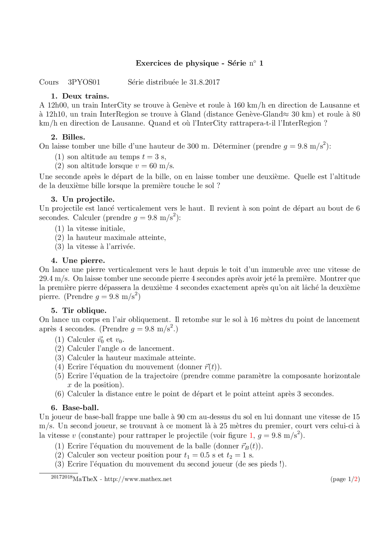 Exercices de physique - Série n.1 2017 | Notes Physique classique | Docsity