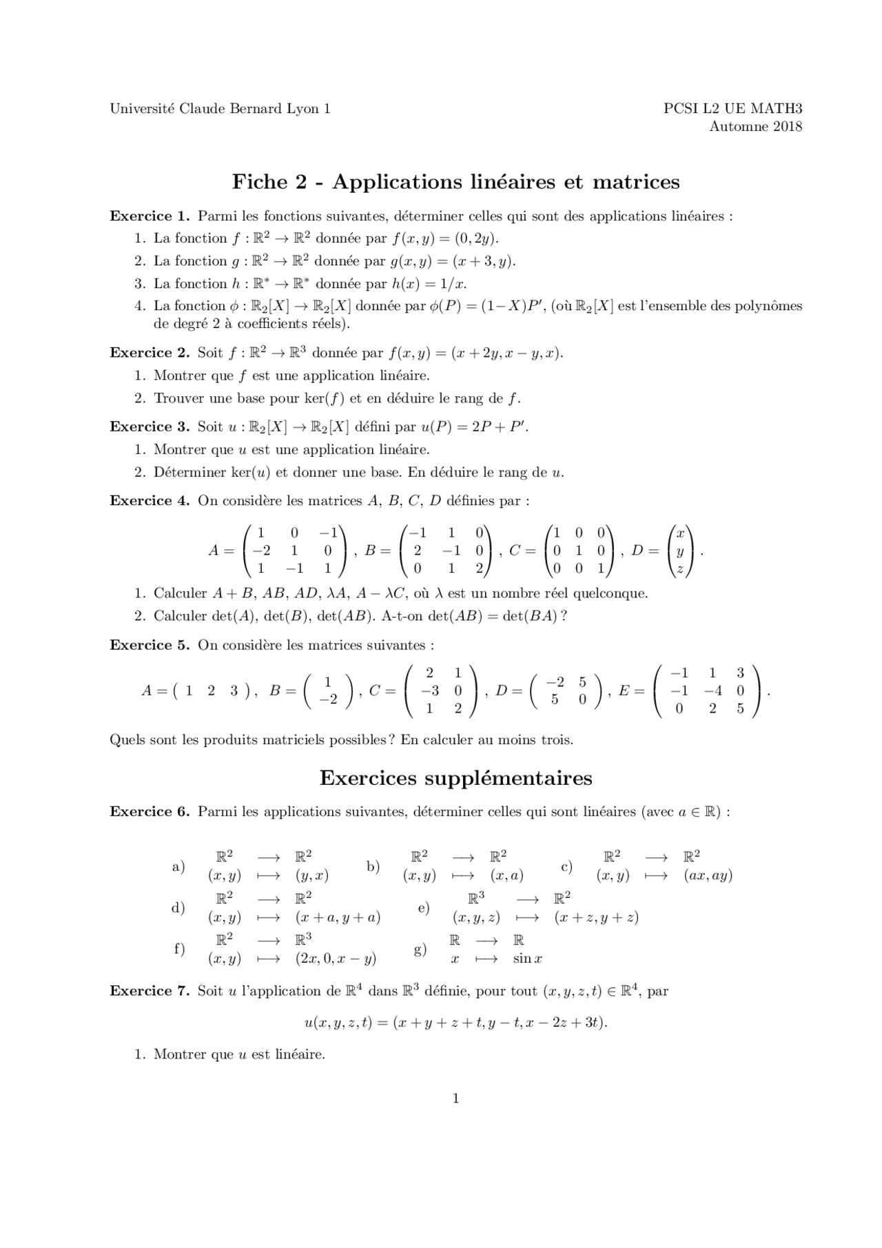 Applications Linéaires Et Matrices Exercices Supplémentaires 2018