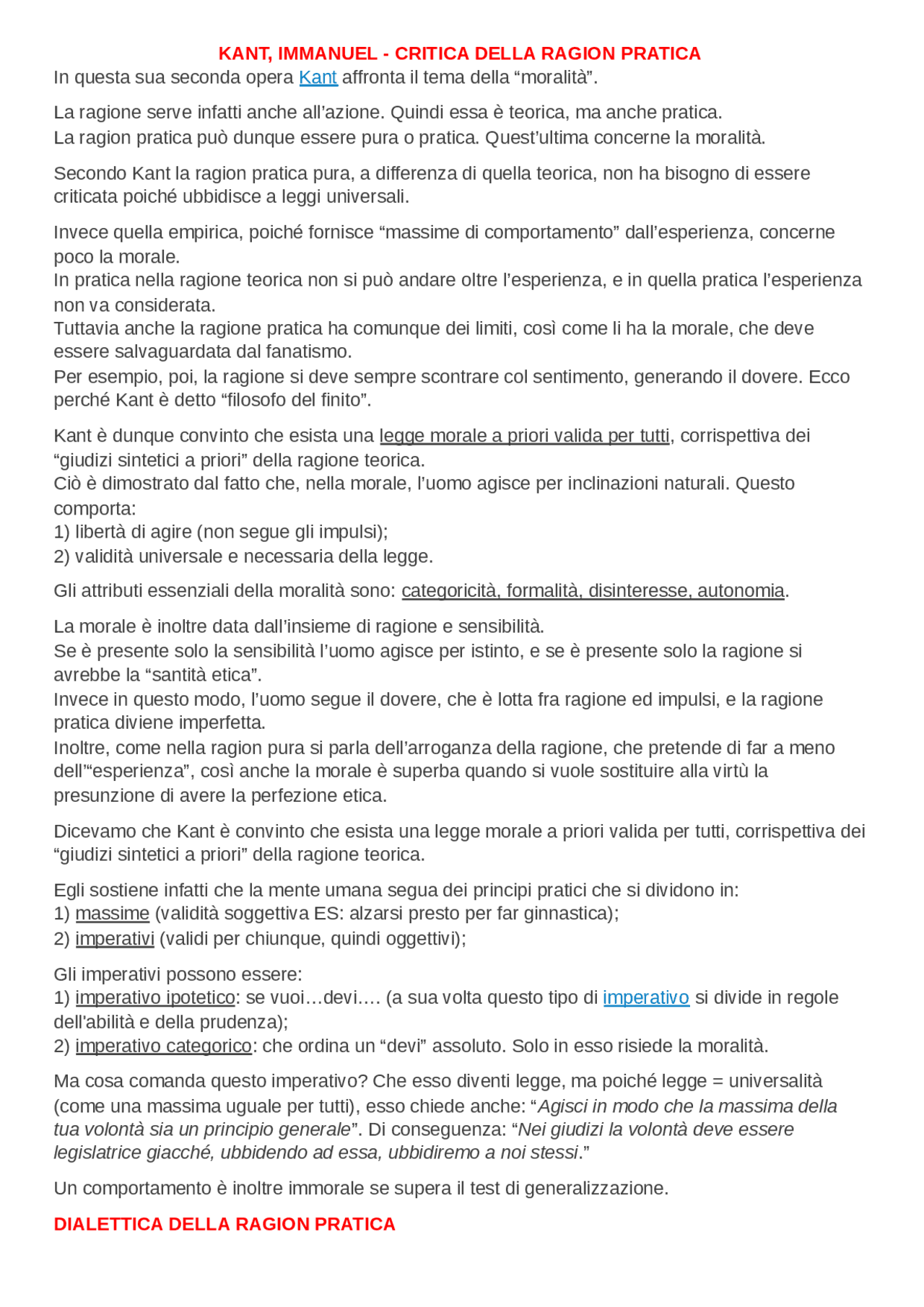 Immanuel Kant Sintesi Sintesi Del Corso Di Filosofia Docsity