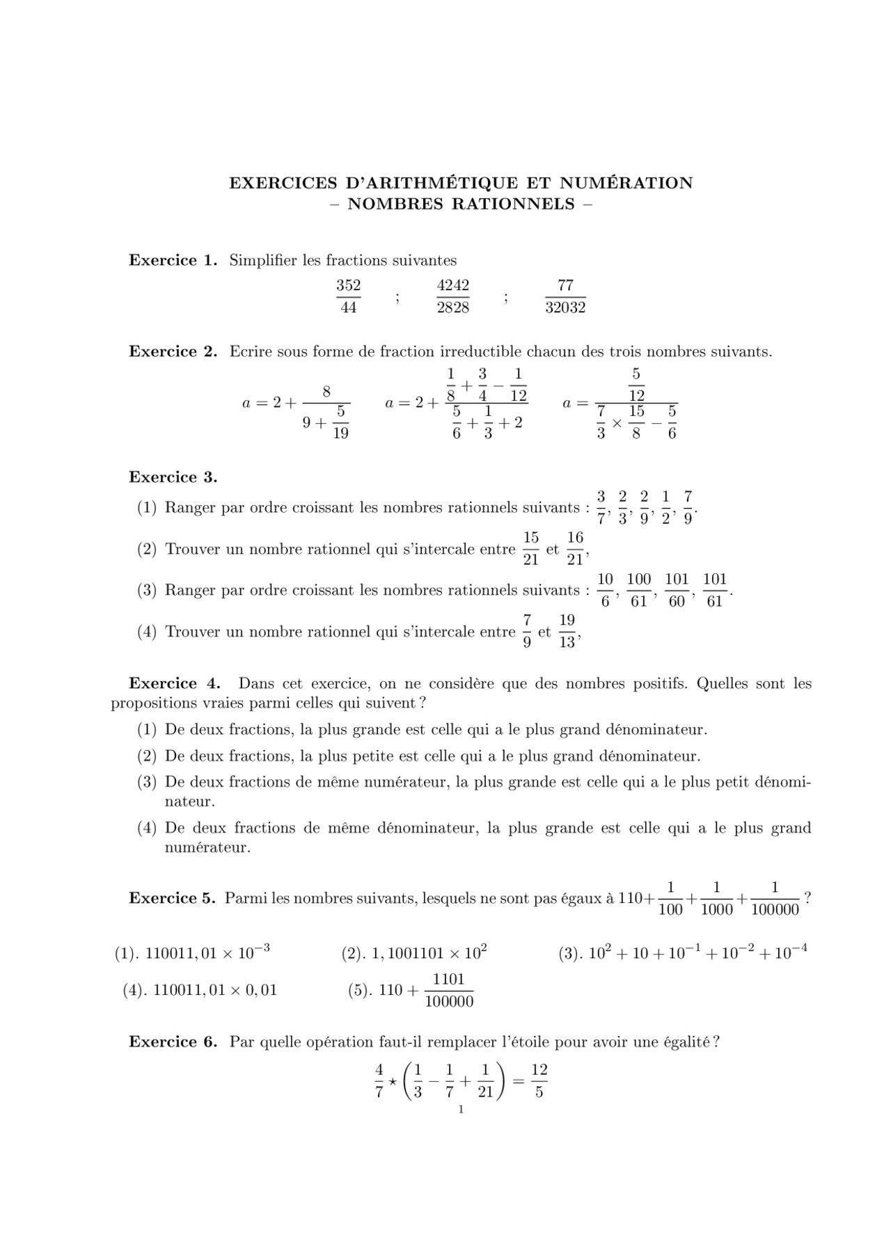 Exercices d'arithmétique et numération, nombres rationnels - Docsity