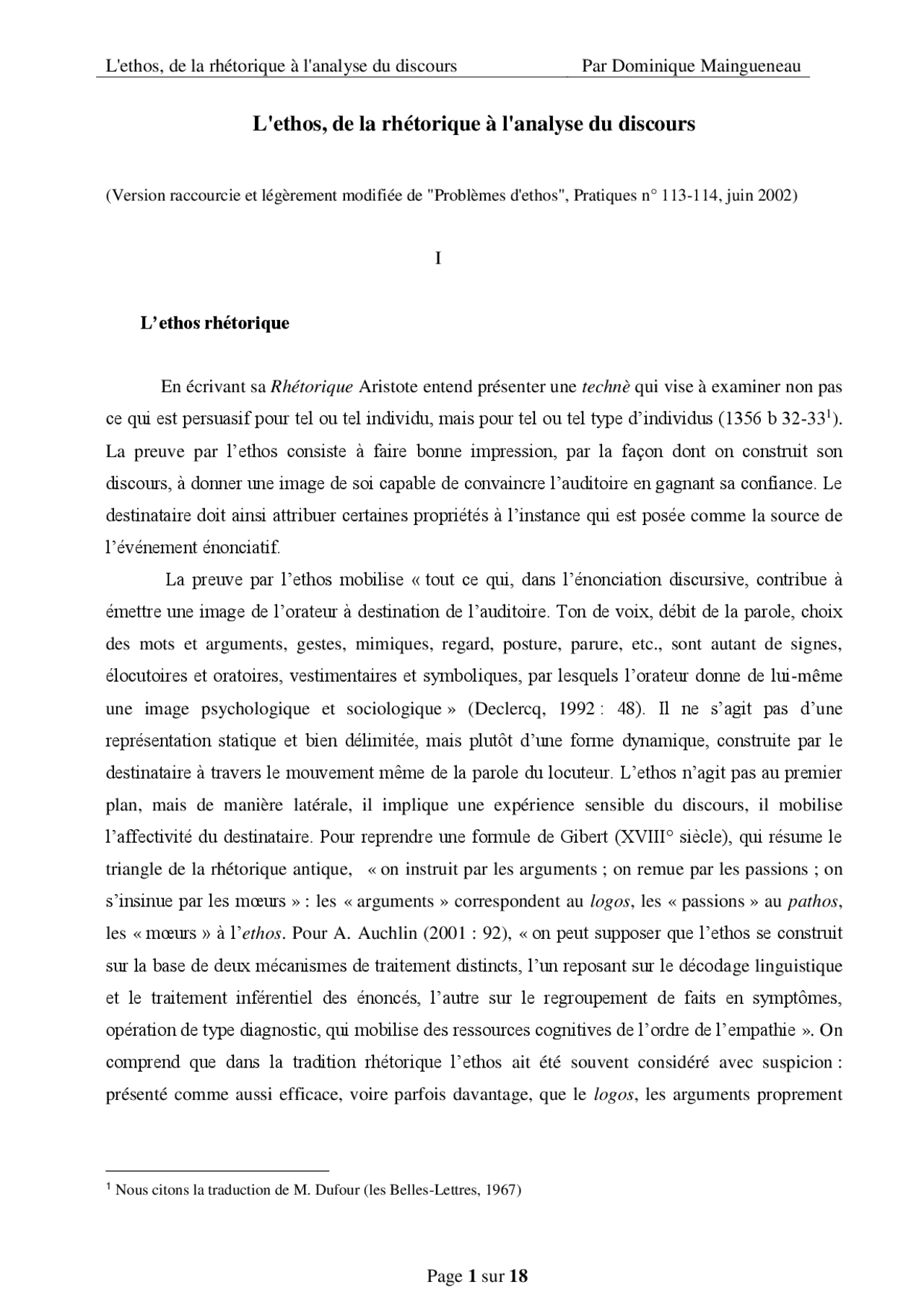 Lethos De La Rhétorique à Lanalyse Du Discours Docsity