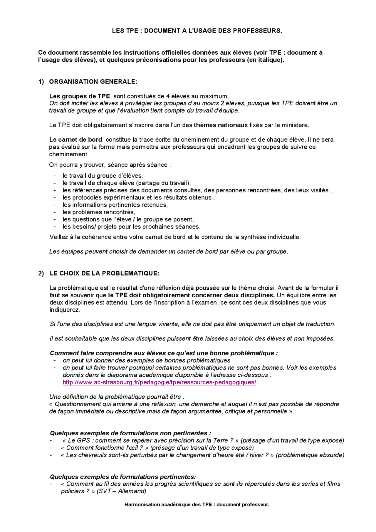 Les Tpe Document A Lusage Des Professeurs Docsity