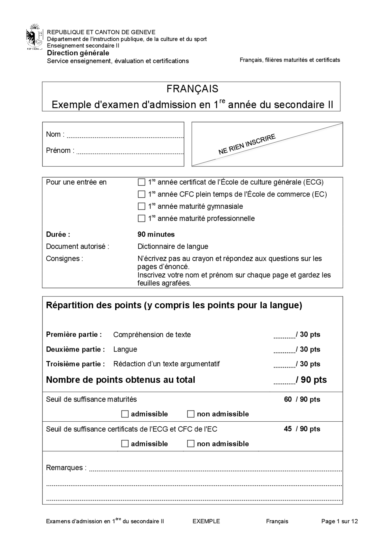Français exemple d'examen d'admission | Examens Langue Française - Docsity
