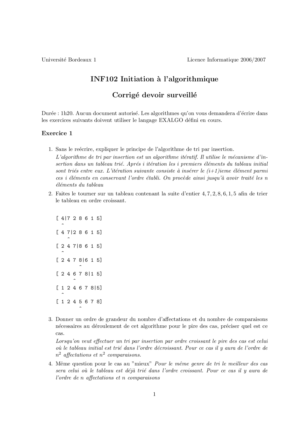 INF102 Initiation à l’algorithmique: devoir corrigé - Docsity
