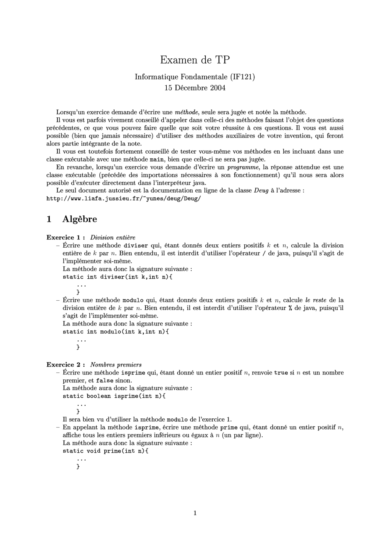 Informatique Fondamentale If121 Examen De тр Docsity