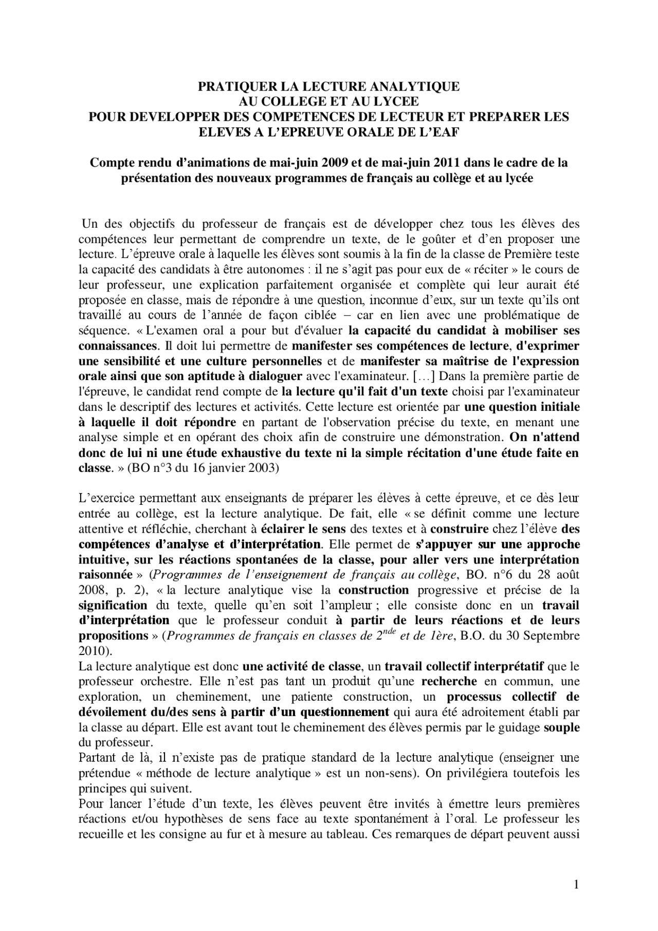 Pratiquer La Lecture Analytique Au College Et Au Lycée Docsity