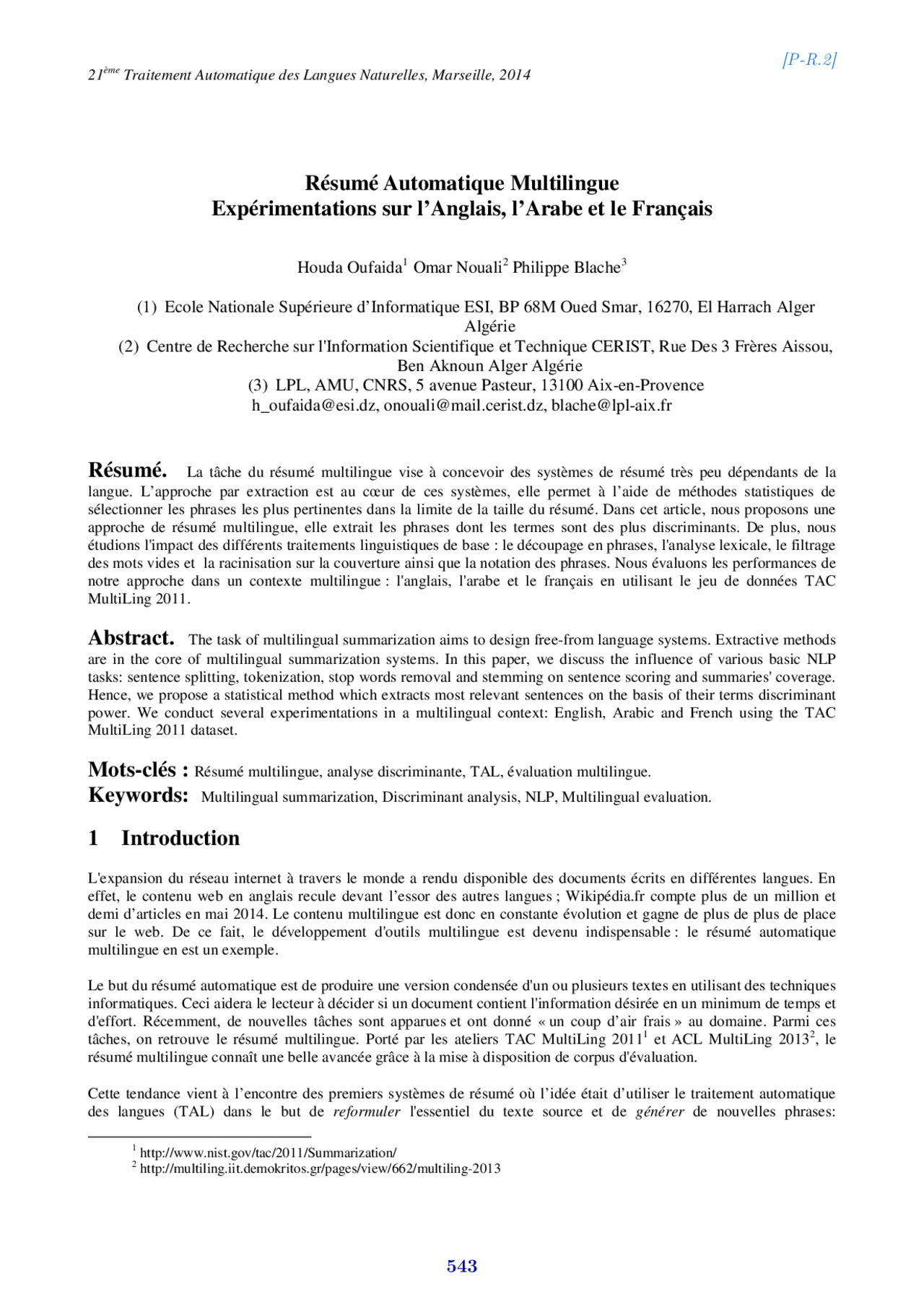 Résumé Automatique Multilingue Expérimentations Sur Langlais Larabe