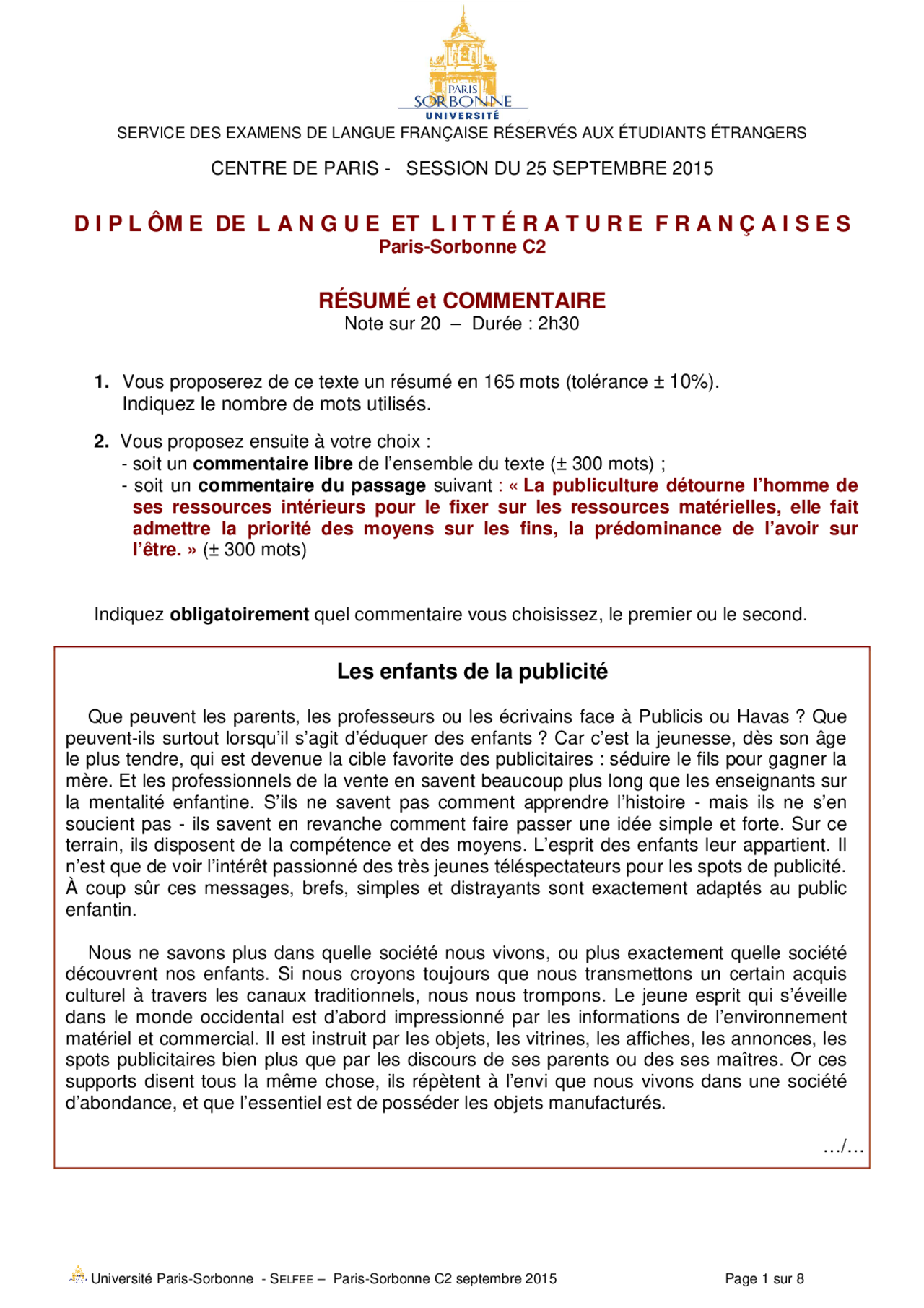Les Enfants De La Publicité Essai Langue Française Docsity