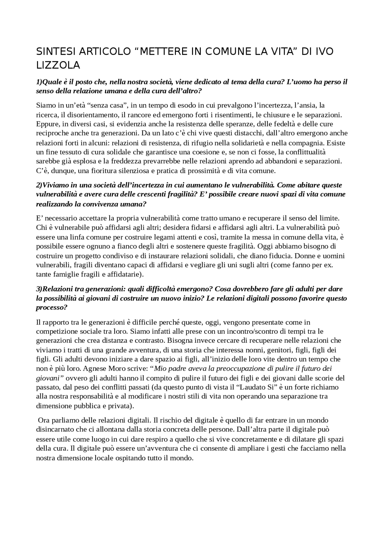 Sintesi Dellarticolo Mettere In Comune La Vita Di Ivo Lizzola Docsity
