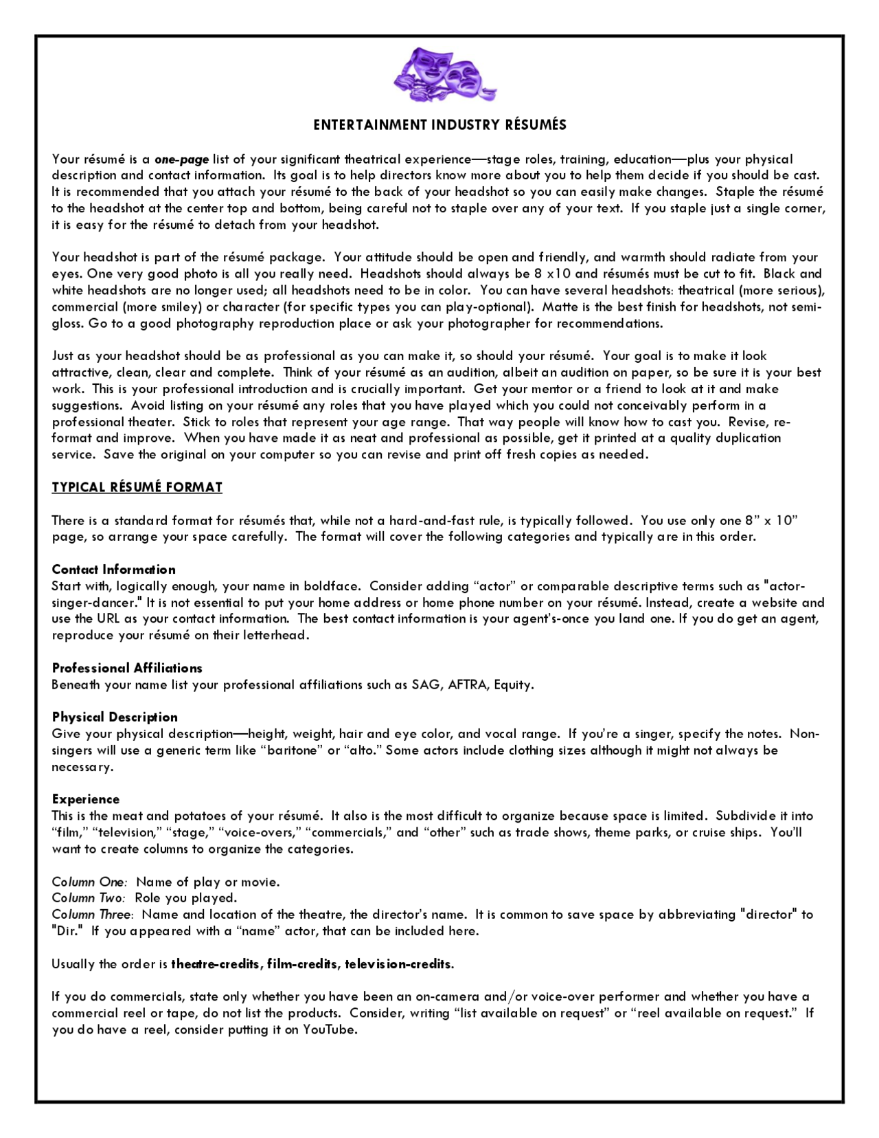 Entertainment Industry Résumé Docsity