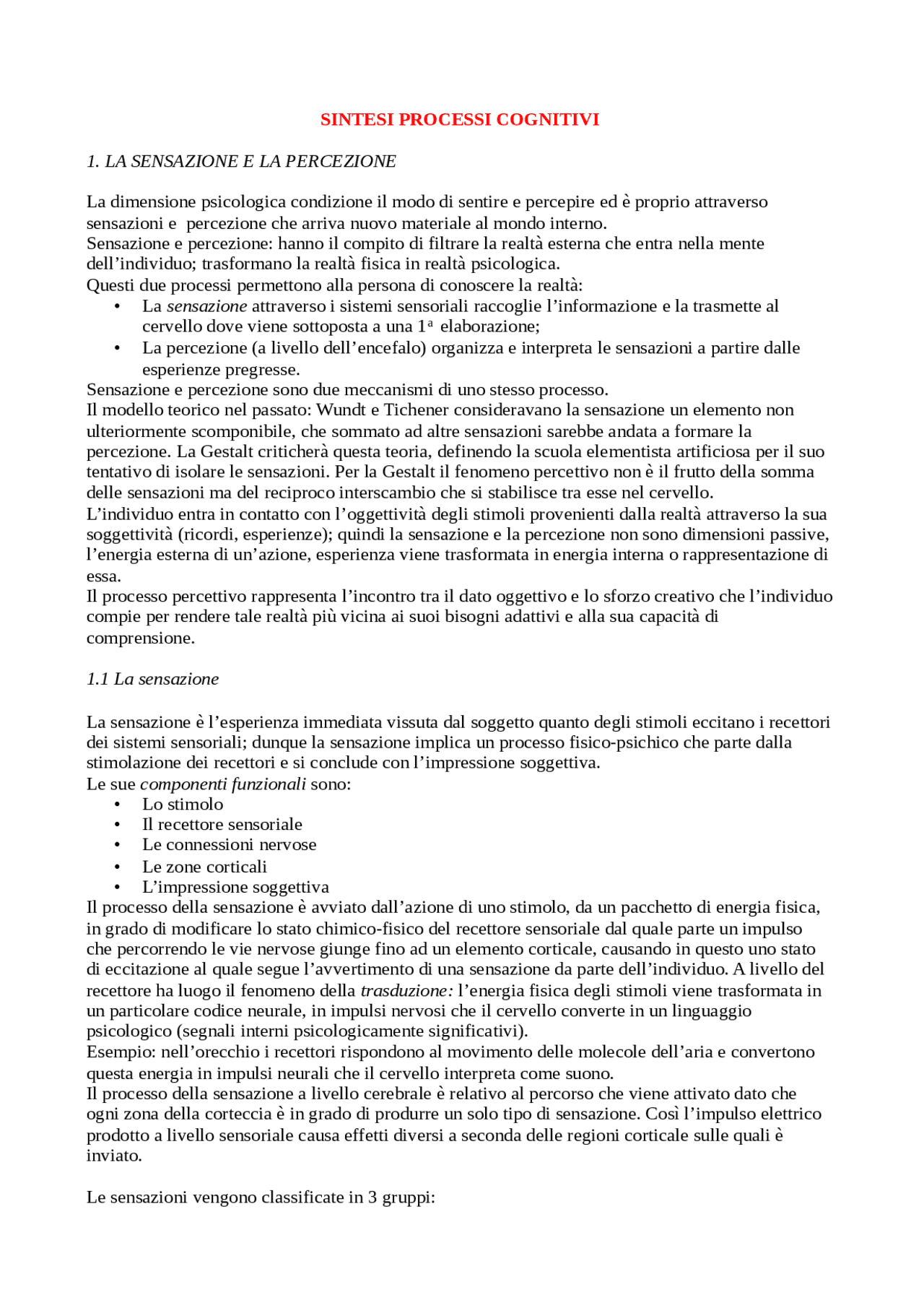 Sintesi Processi Cognitivi Docsity
