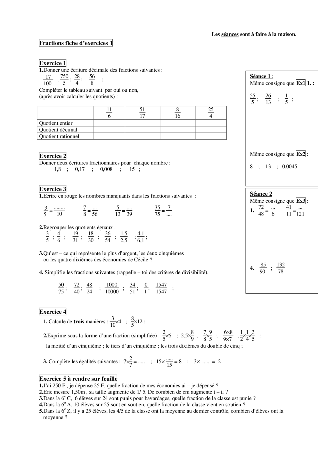 Fiche d’exercices sur les fractions | Exercices Mathématiques | Docsity