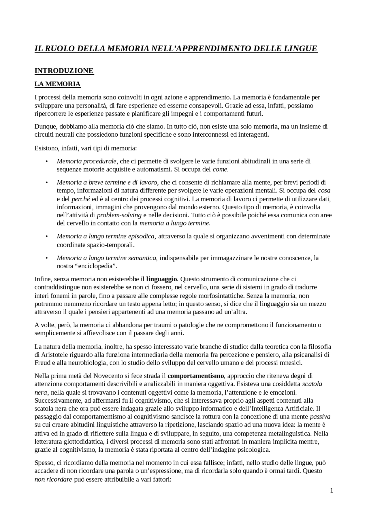 Il Ruolo Della Memoria Docsity