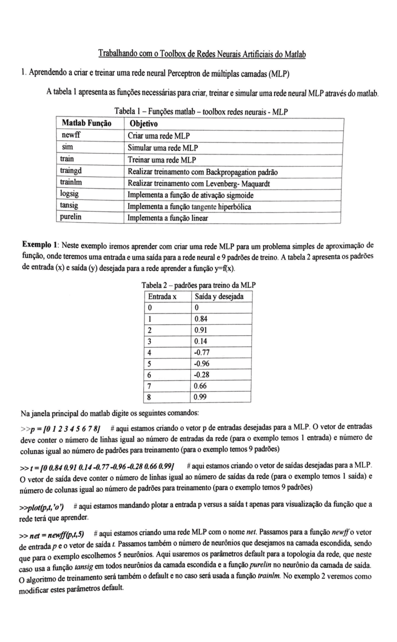 Tutorial Rna Em Matlab Exercícios Computação Aplicada Docsity