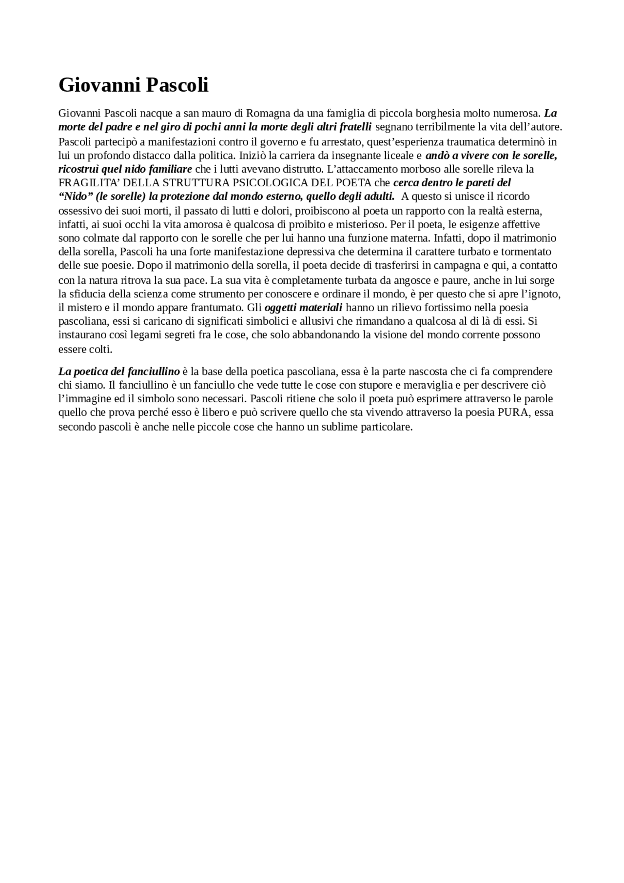 Giovanni Pascoli Riassu Docsity