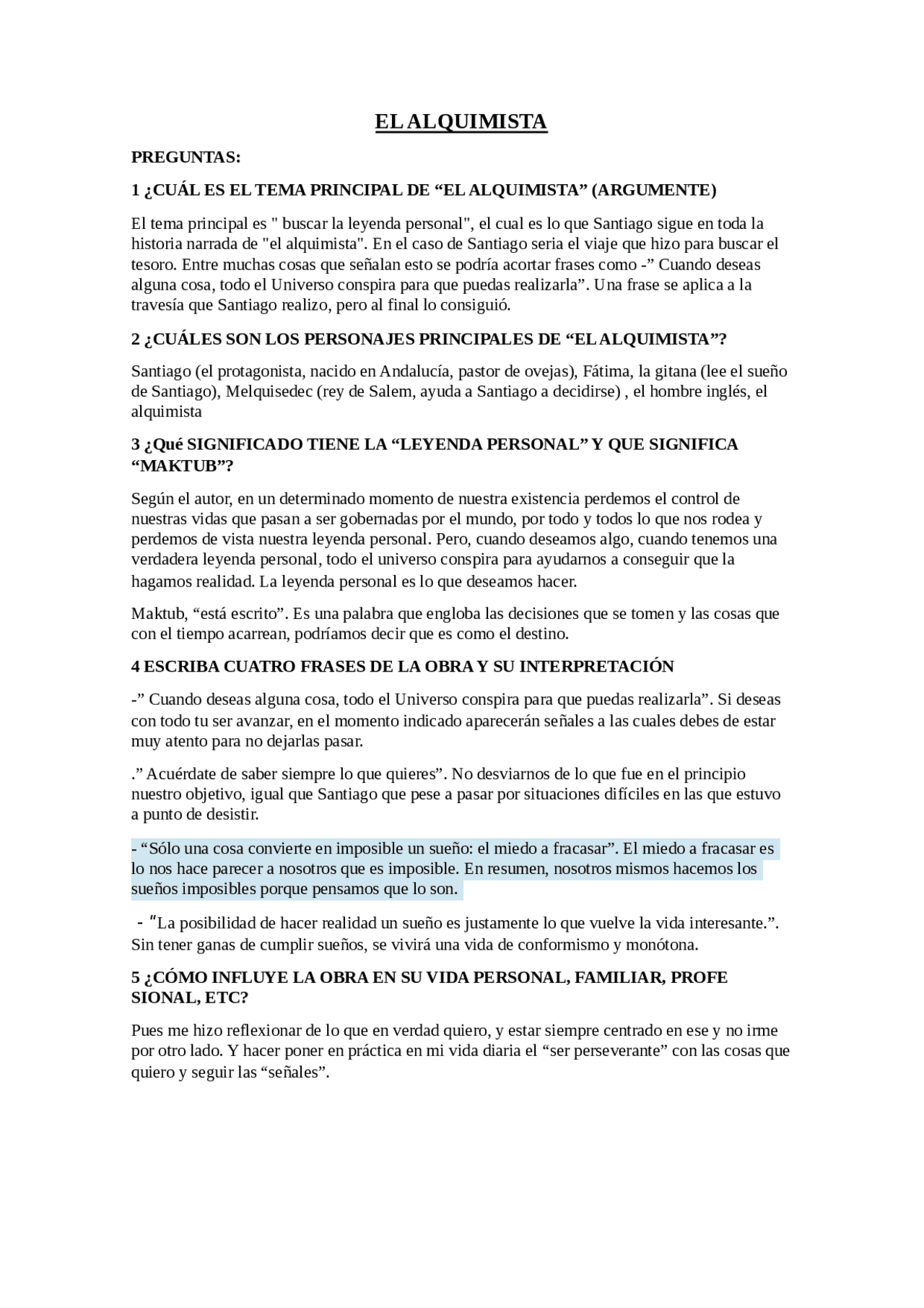 Cuestionario de EL ALQUIMISTA | Apuntes de Comunicación | Docsity
